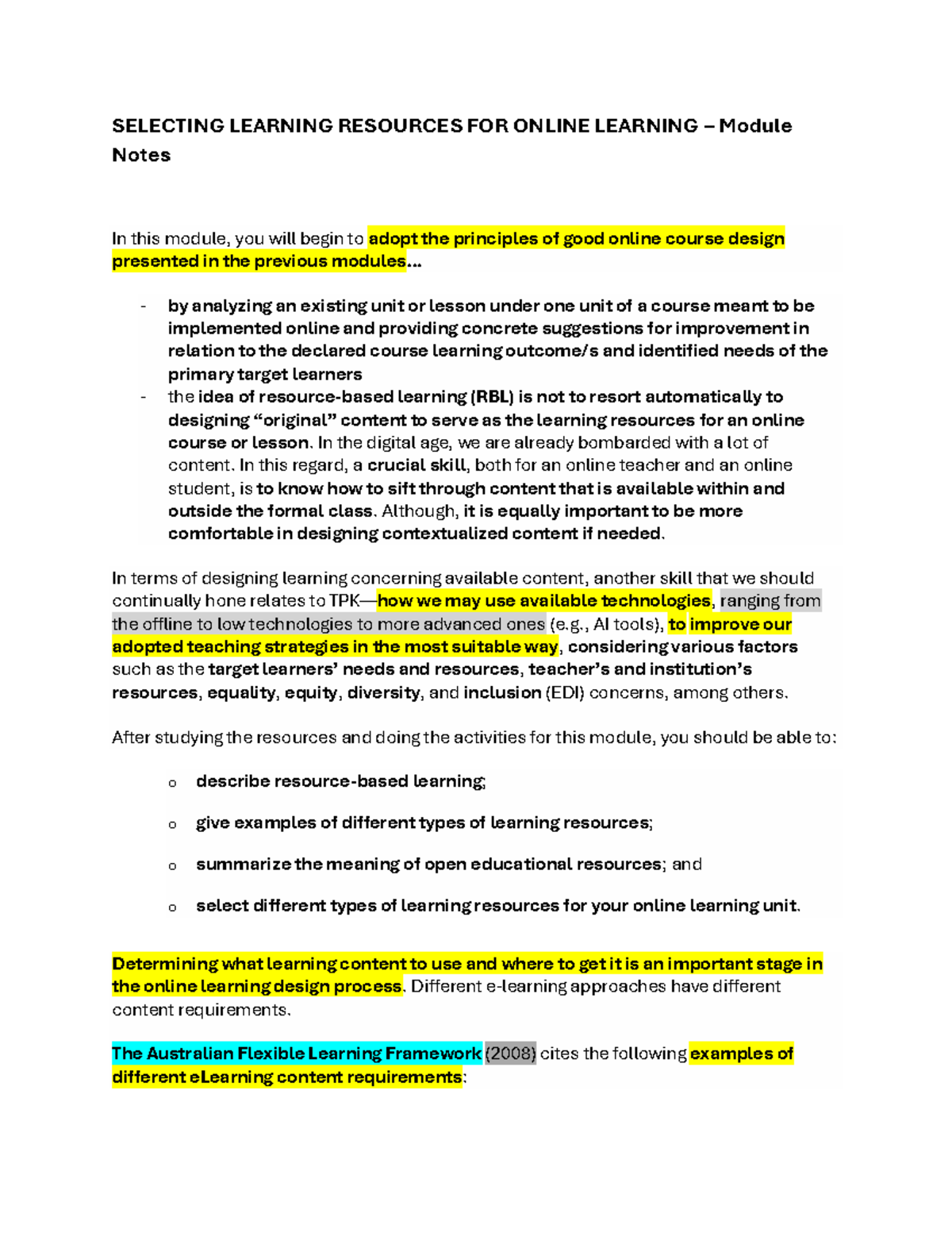 Selecting Learning Resources - Online Learning Module Notes - SELECTING ...