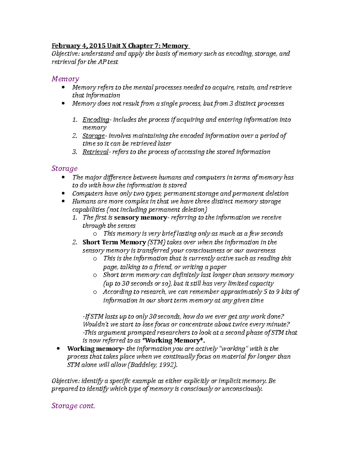 Psych Ch 7 Notes - February 4, 2015 Unit X Chapter 7: Memory Objective ...