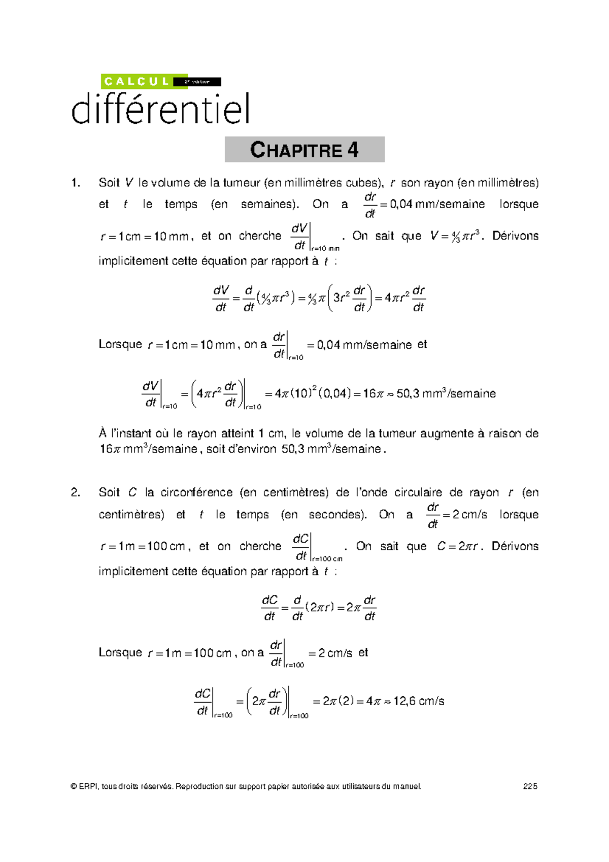 Sol Exer Recap Chap4 - solutionnaire manuel calcul différentiel (exercices révision et/ou - Studocu