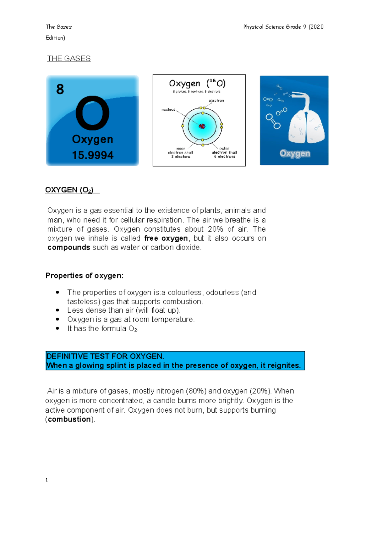 Physics acids and bases notes - Edition) THE GASES OXYGEN (O 2 ) Oxygen ...