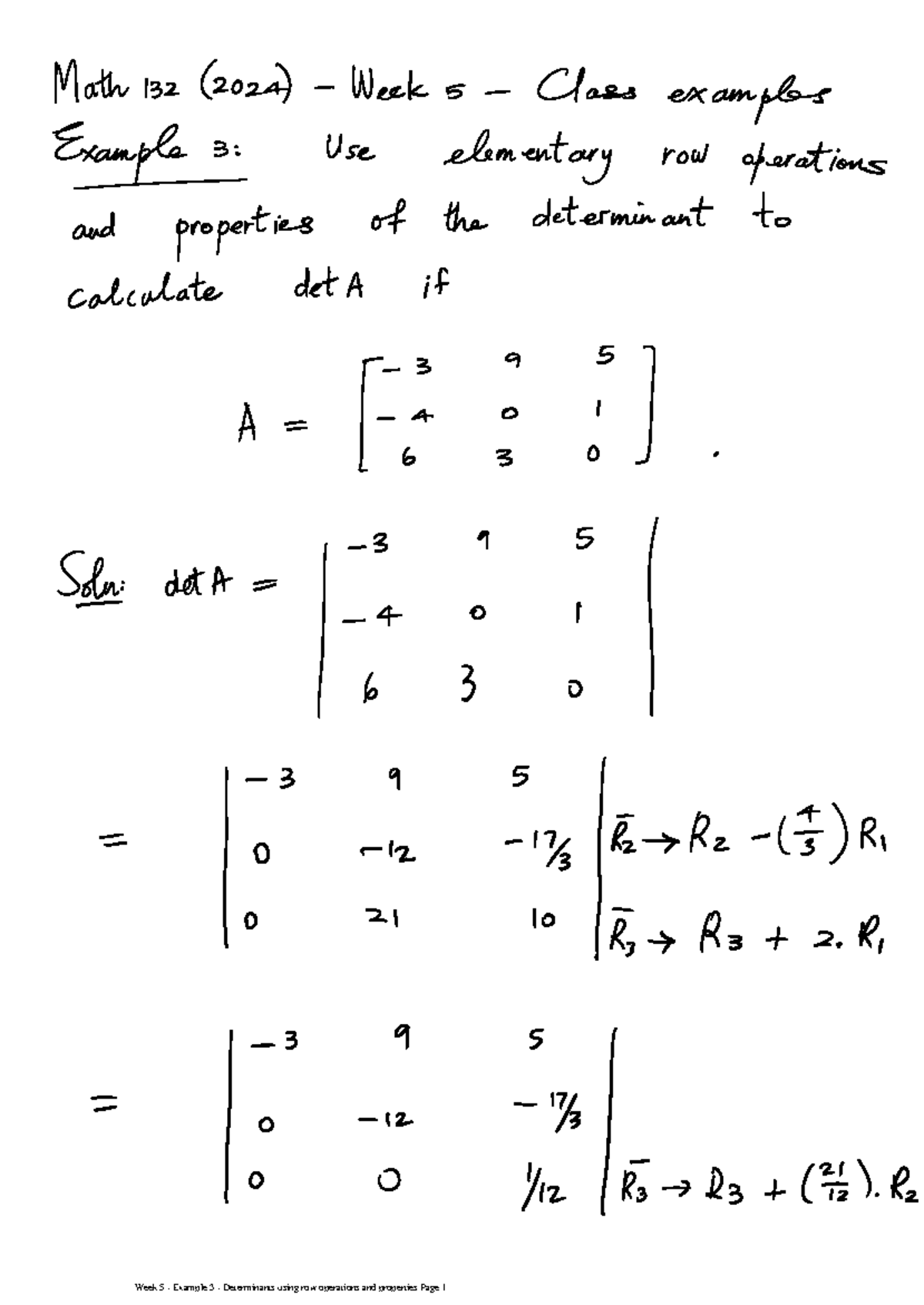 30. Week 5 - Example 3 - Determinants using row operations and ...