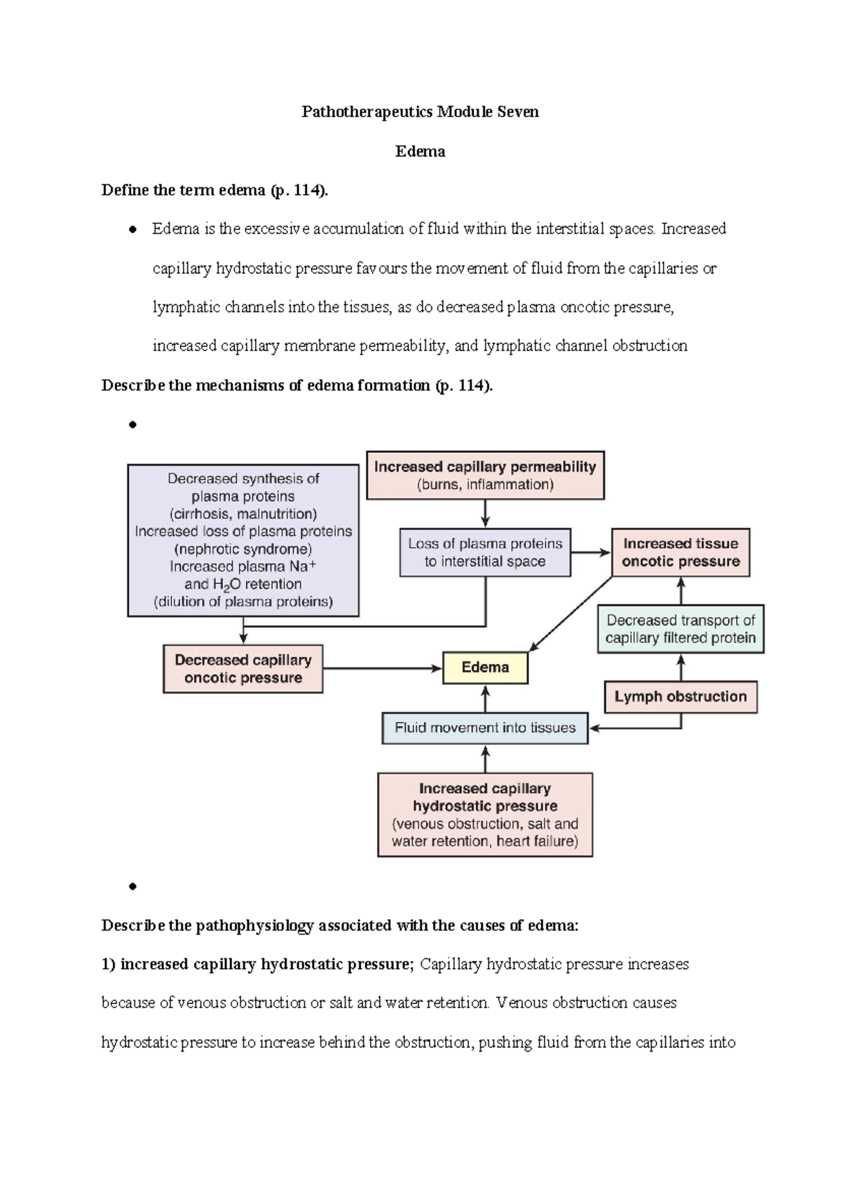 Module 7 Edema Notes - Pathotherapeutics Module Seven Edema Define the ...