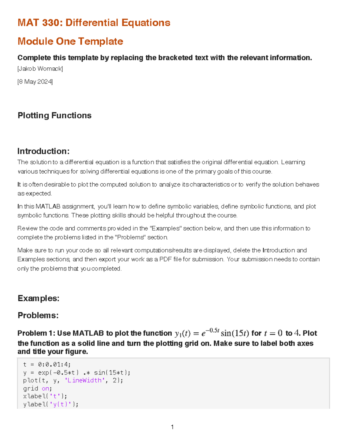 MAT330 Module One Template-2 - MAT 330: Differential Equations Module ...