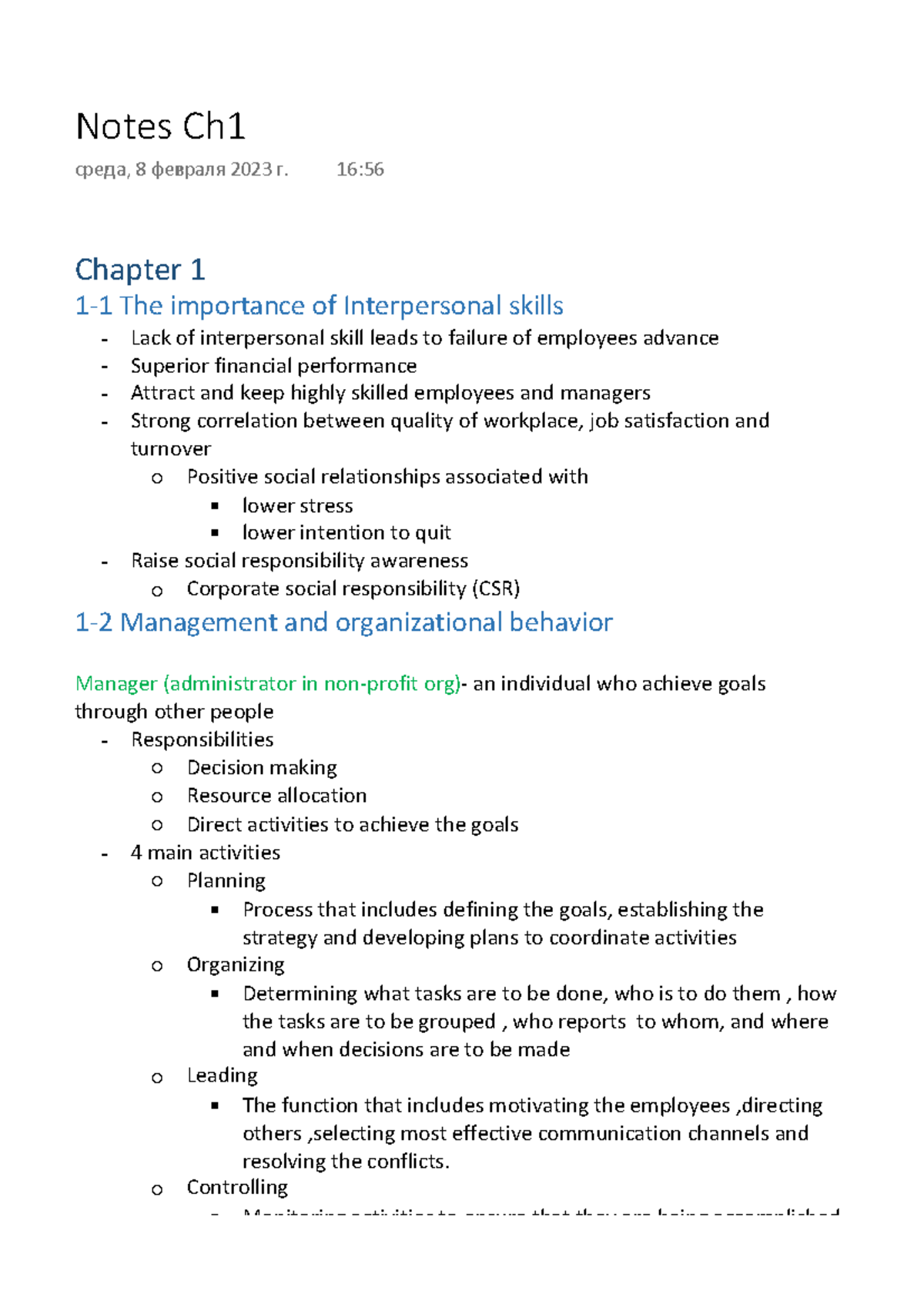 Notes Ch1 OB - Summary of 1st chapter - Organisational Behaviour ...