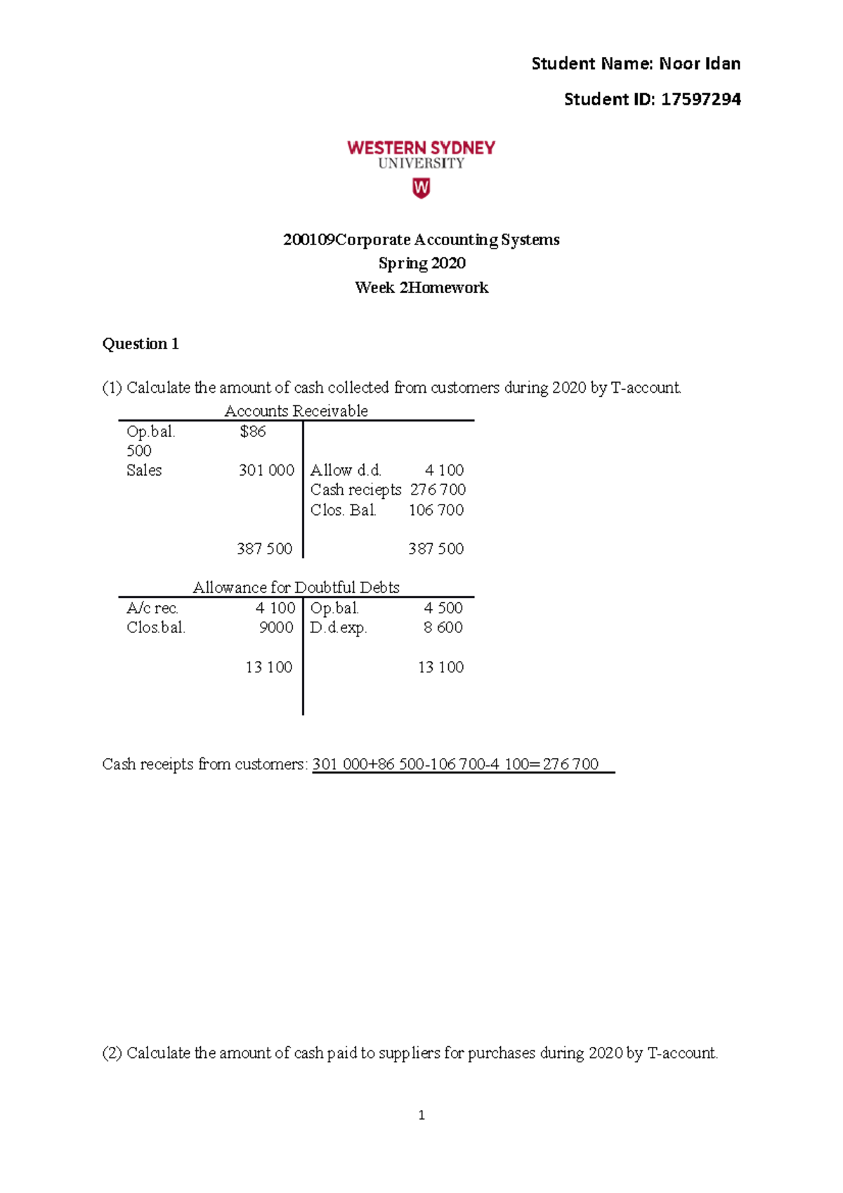 2001 09 Week 2 Homework Answer Sheet - Student ID: 17597294 ...