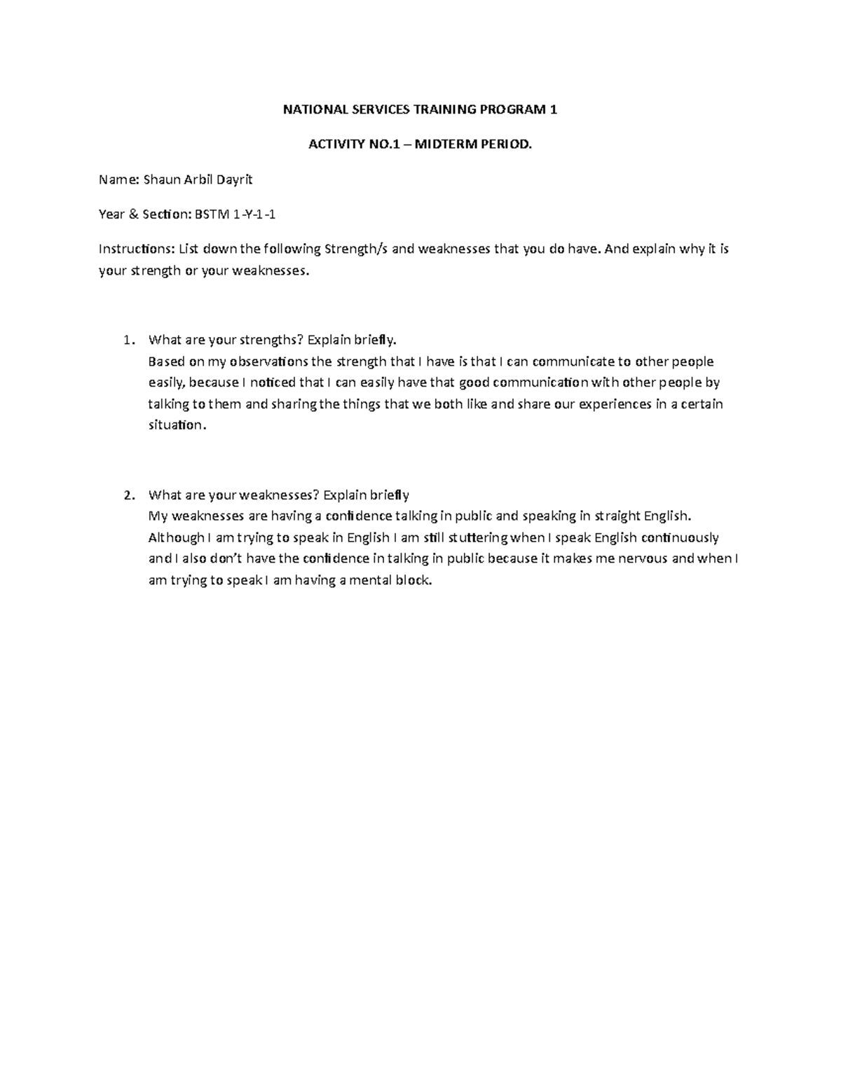 Activity #1- Midterm - nothing - NATIONAL SERVICES TRAINING PROGRAM 1 ACTIVITY NO – MIDTERM ...