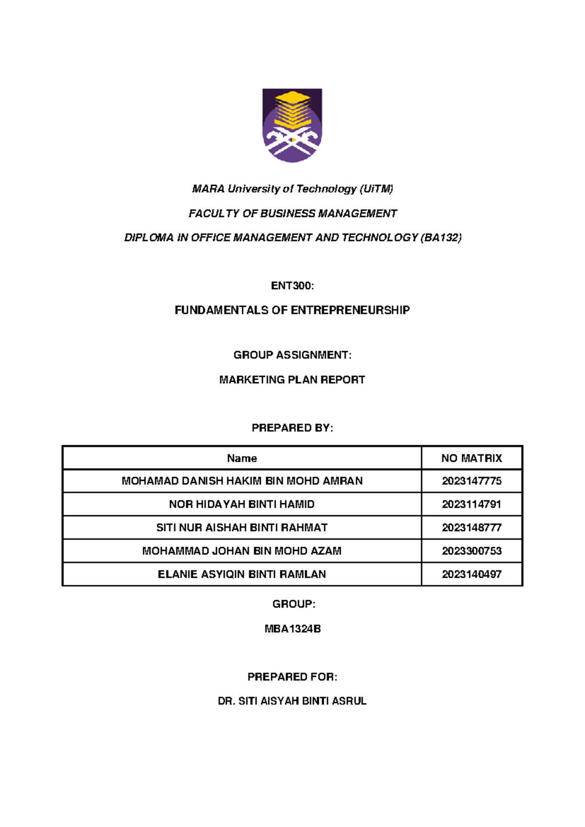 ENT300 Marketing PLAN COPY - MARA University of Technology (UiTM ...