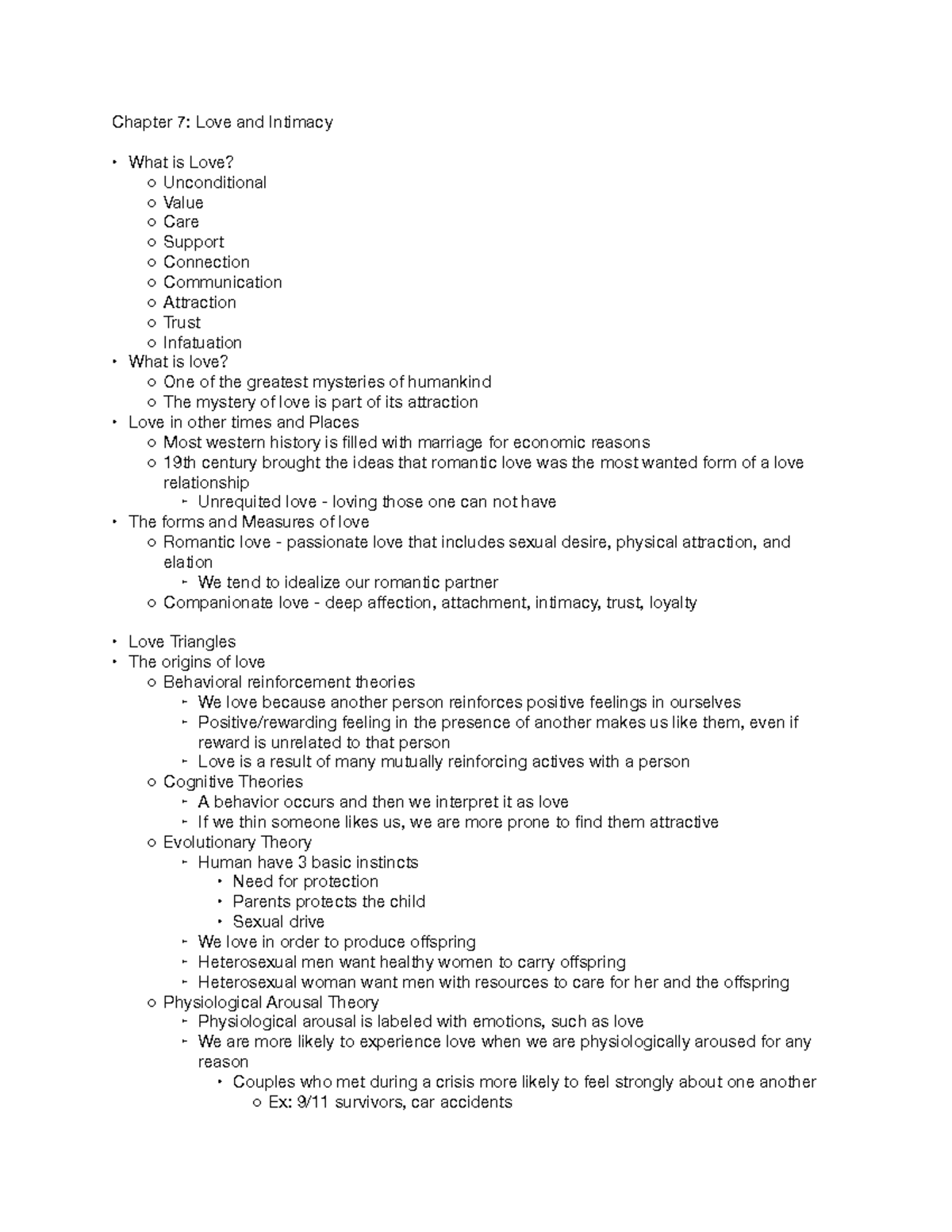 Chapter 7 Notes - Chapter 7: Love and Intimacy What is Love ...
