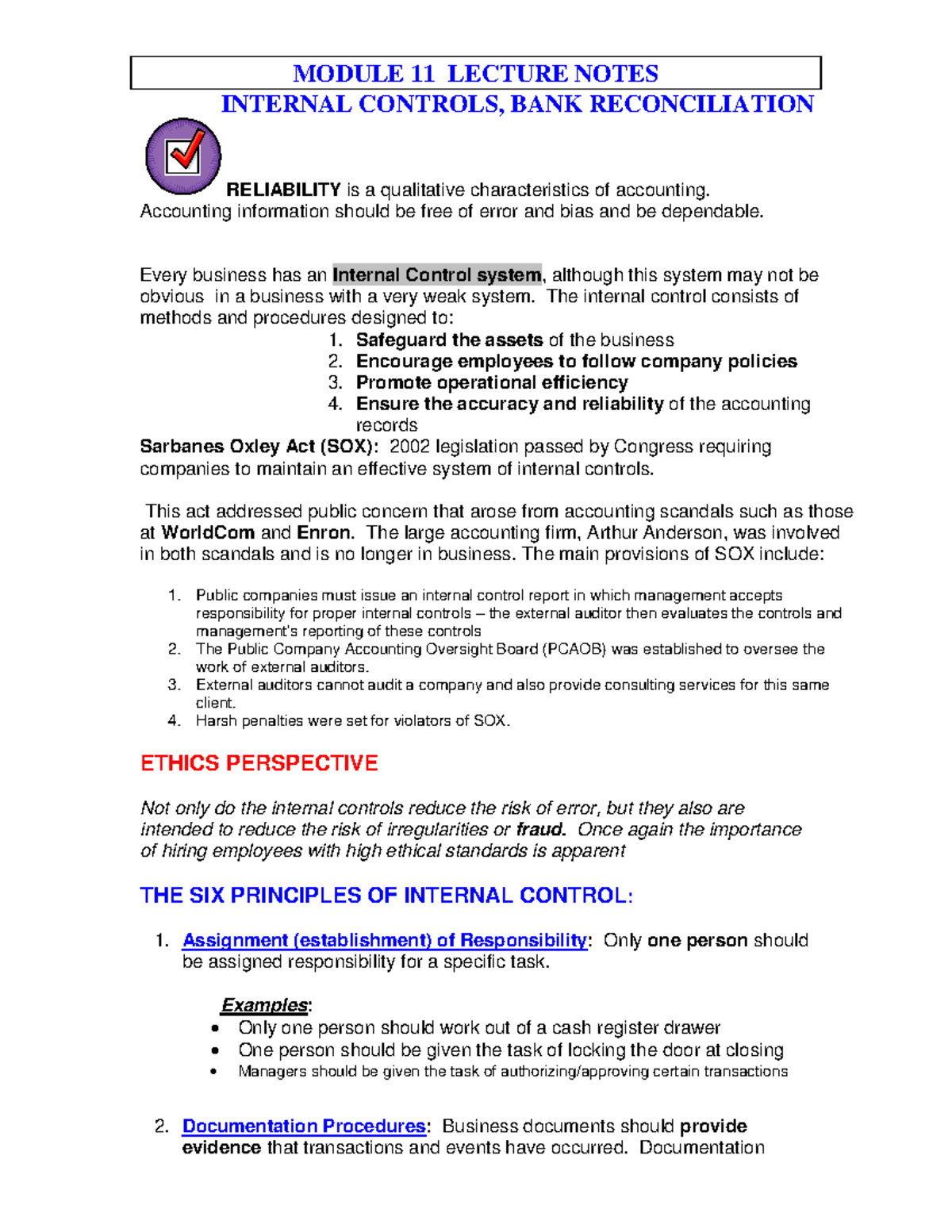 Module 11 Lecture Notes - MODULE 11 LECTURE NOTES INTERNAL CONTROLS ...