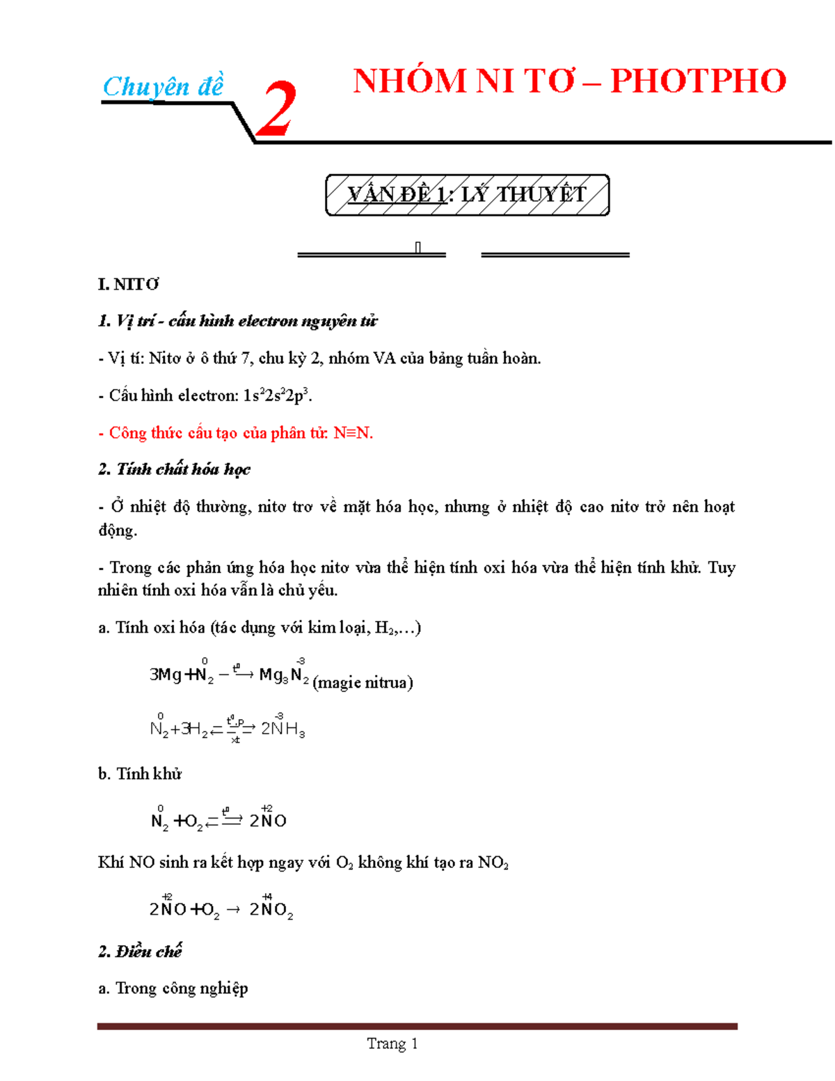 Chuyen-de NHOM NITO PHOTPHO - I. NITƠ 1. Vị trí - cấu hình electron ...