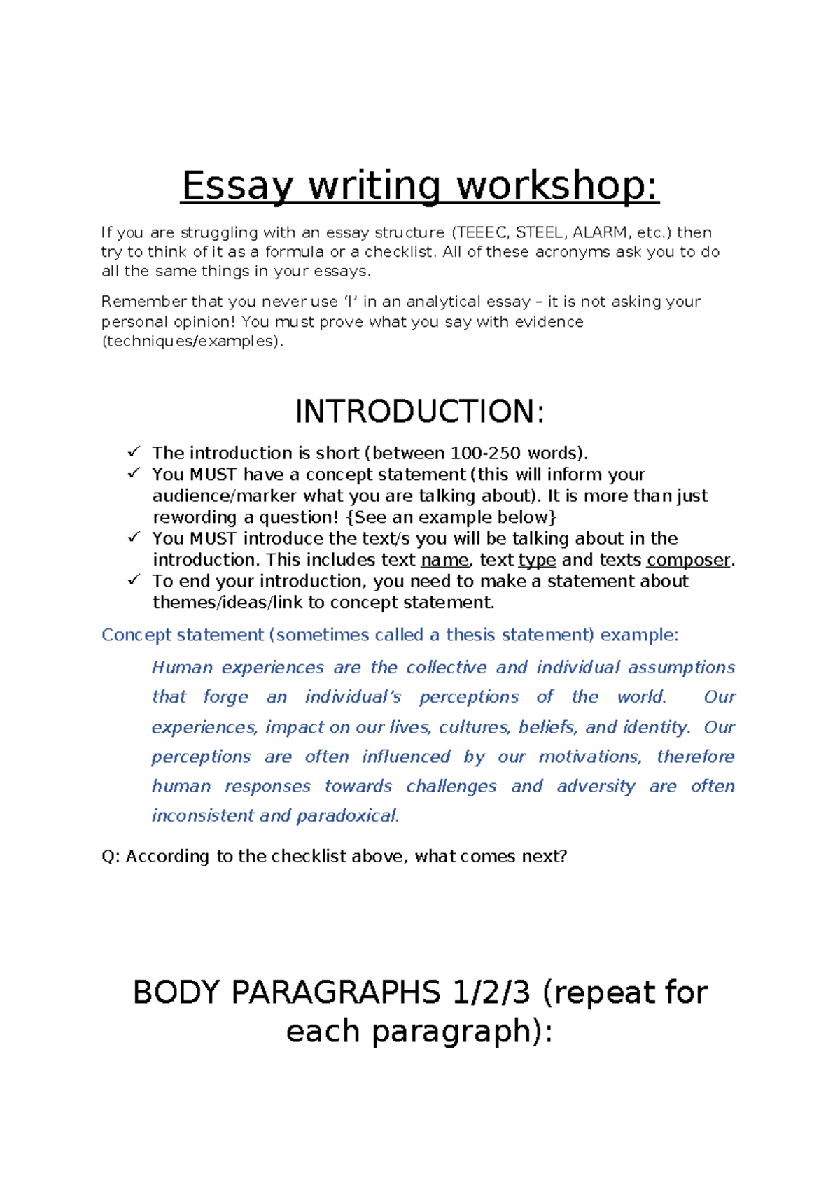 Essay writing workshop - ) then try to think of it as a formula or a ...