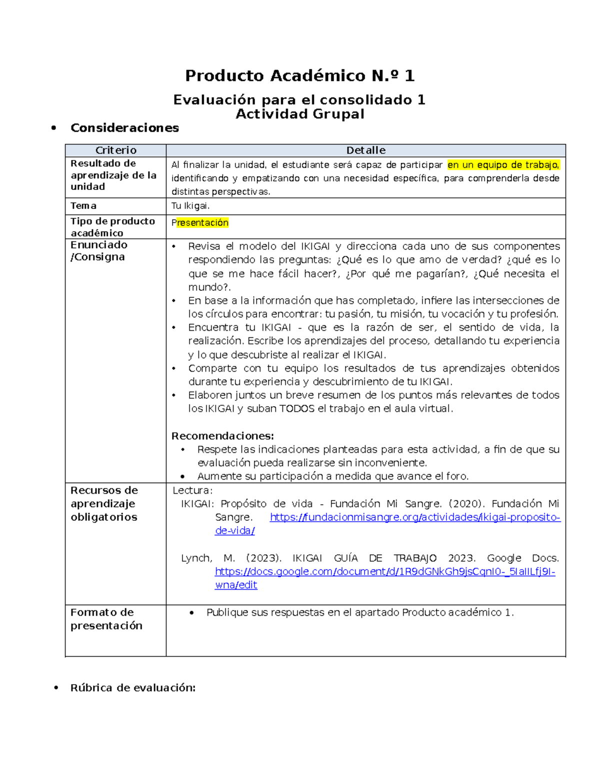 PA C1 U1 Trabajo con Rubrica- Final 24-05-2024 (1) - Producto Académico N.º 1 Evaluación para el ...