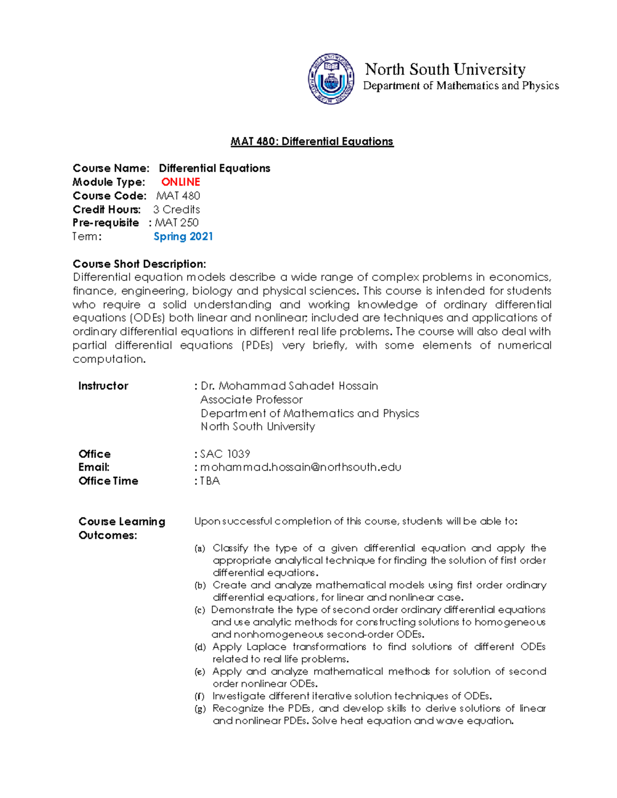 MAT480 - It's very important - North South University Department of ...