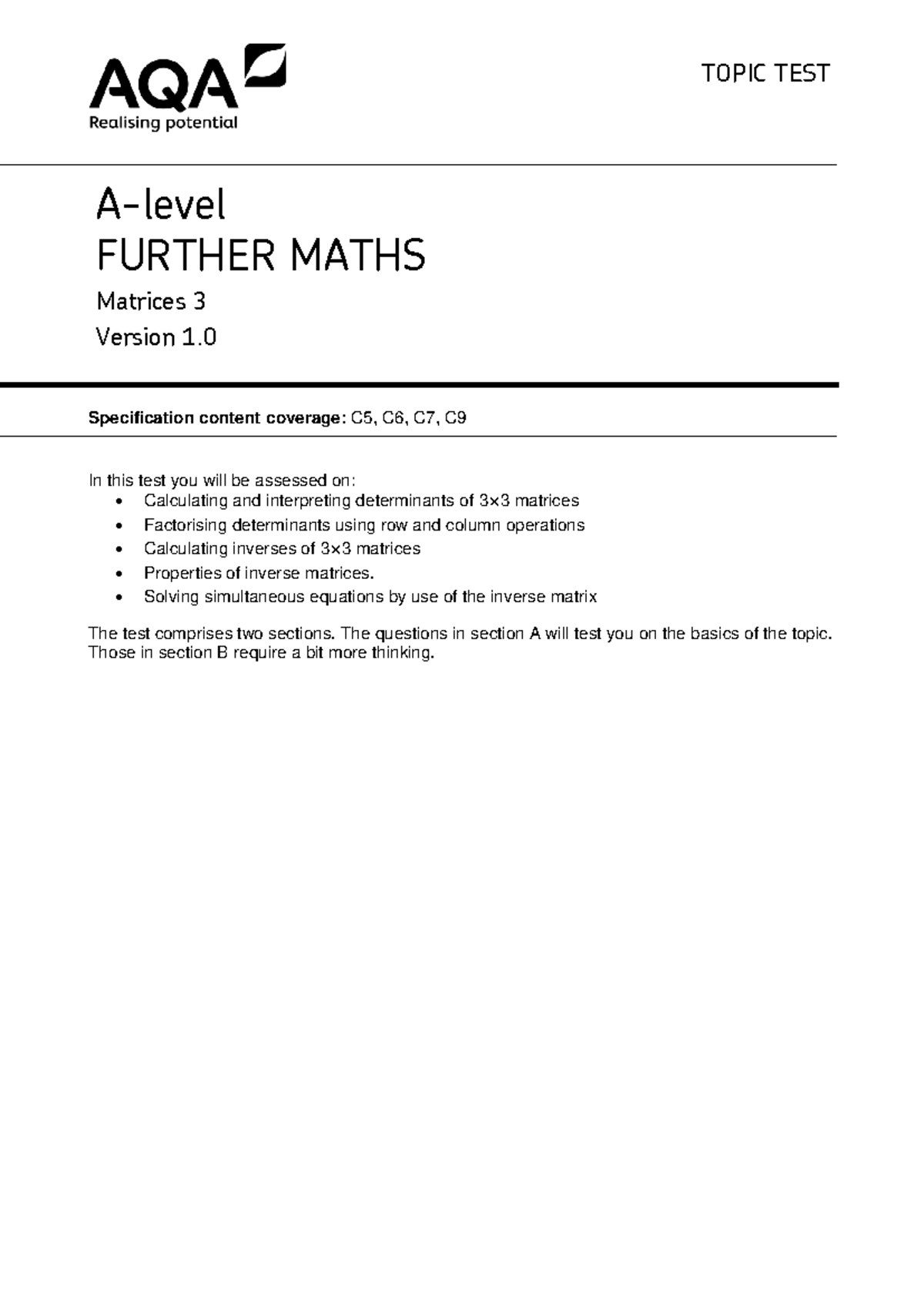 A2 Matrices 1 Kerboodle Ch22 2 - TOPIC TEST A-level FURTHER MATHS ...