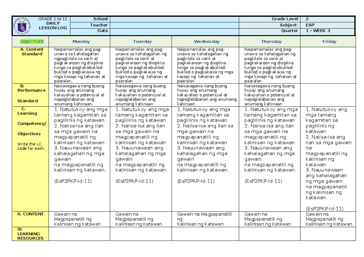 WEEK4-dll-ESP - DLL Week 4 - GRADE 1 to 12 DAILY LESSON LOG School Grade Level 2 Teacher Subject ...