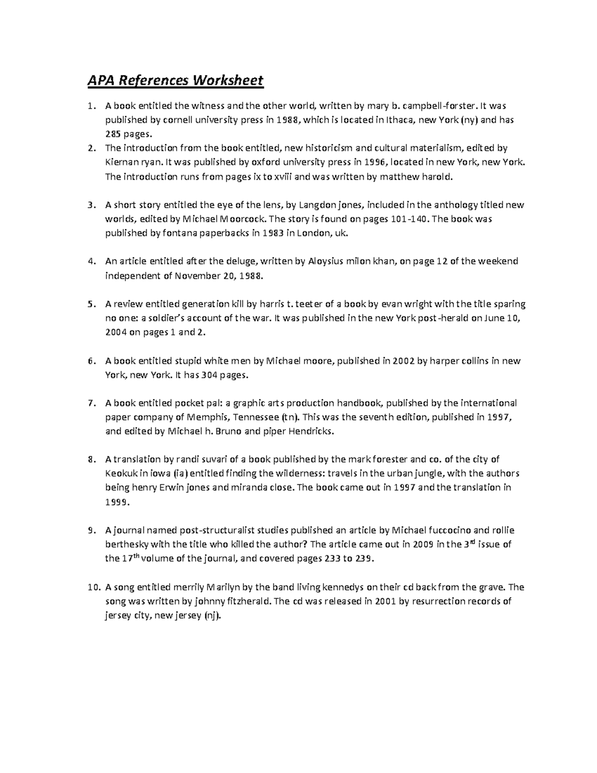 APA References Worksheet - campbell-forster. It was published by ...