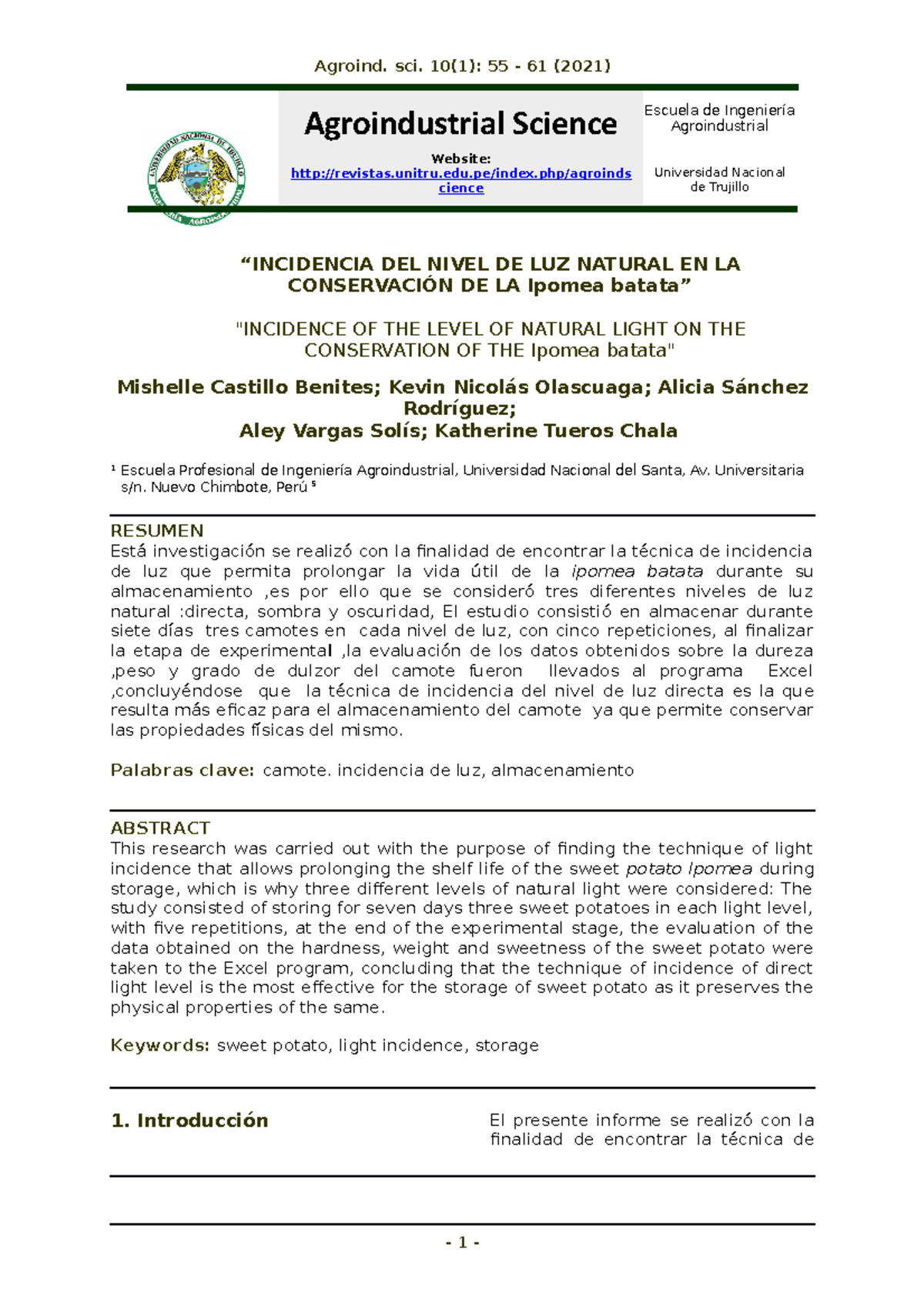 Articulo cientifico - sdafasd - Agroind. sci. 10(1): 55 - 61 (2021 ...