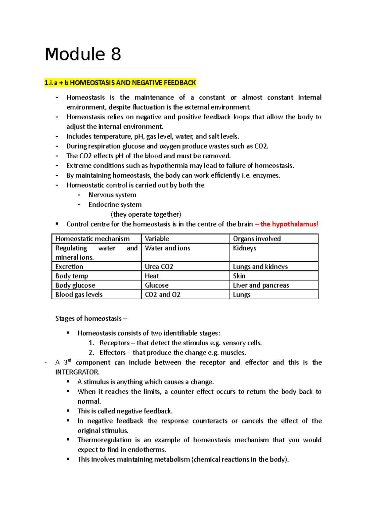 Module 8 - year 12 summary - Module 8 1.i + b HOMEOSTASIS AND NEGATIVE ...