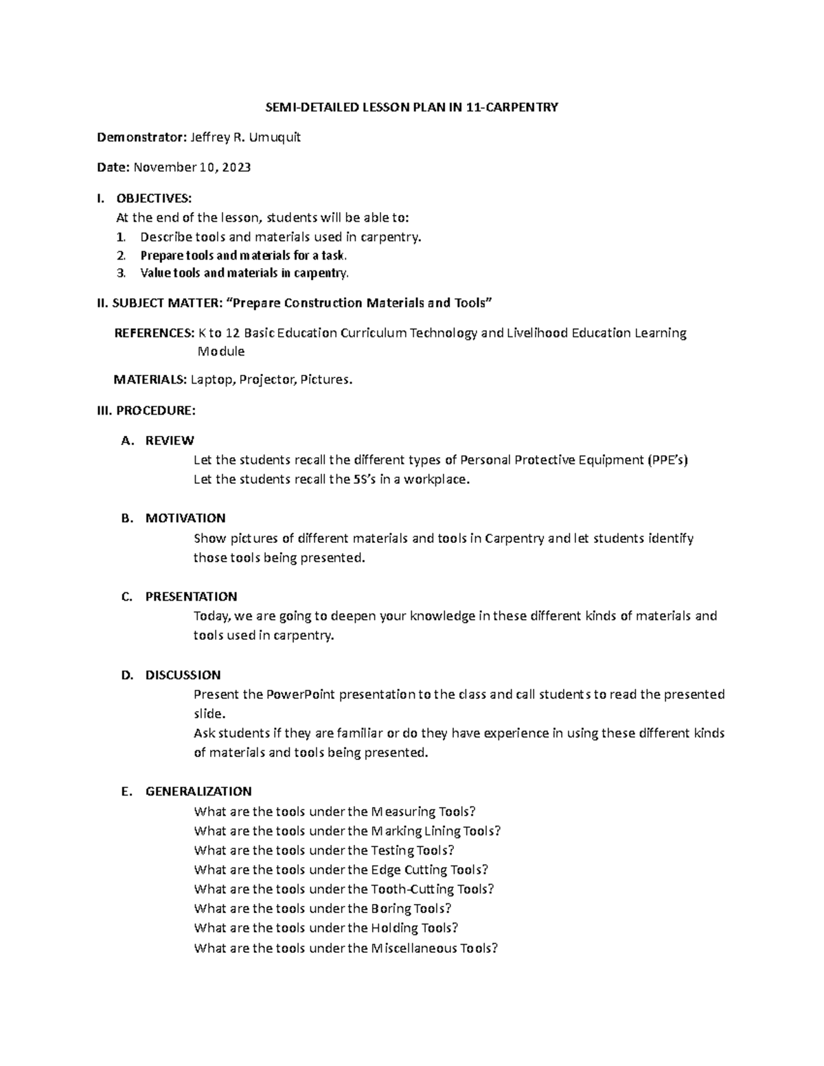 SEMI- Detailed Lesson PLAN - SEMI-DETAILED LESSON PLAN IN 11-CARPENTRY ...