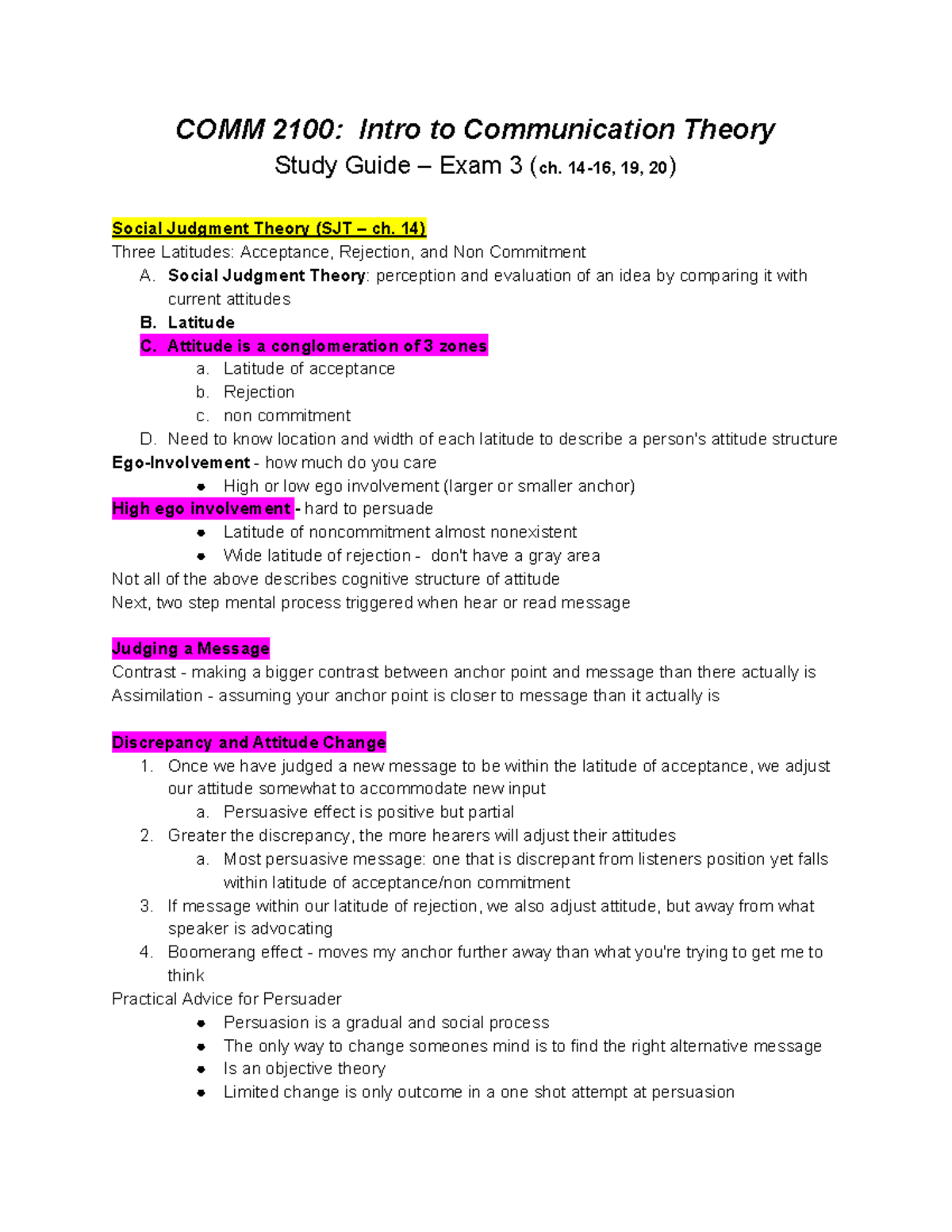 Exam 3: Chapter 14-16 19, 20 Study Guide - COMM 2100: Intro to ...