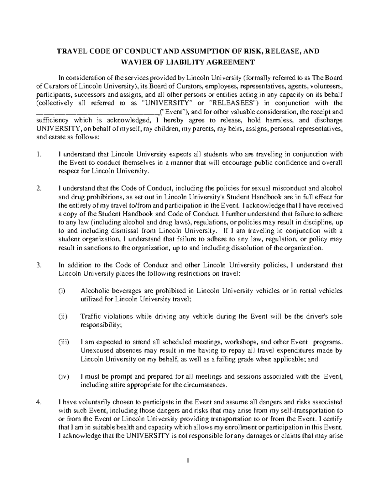 Travel Code of Conduct and Waiver - TRAVEL CODE OF CONDUCT AND ...