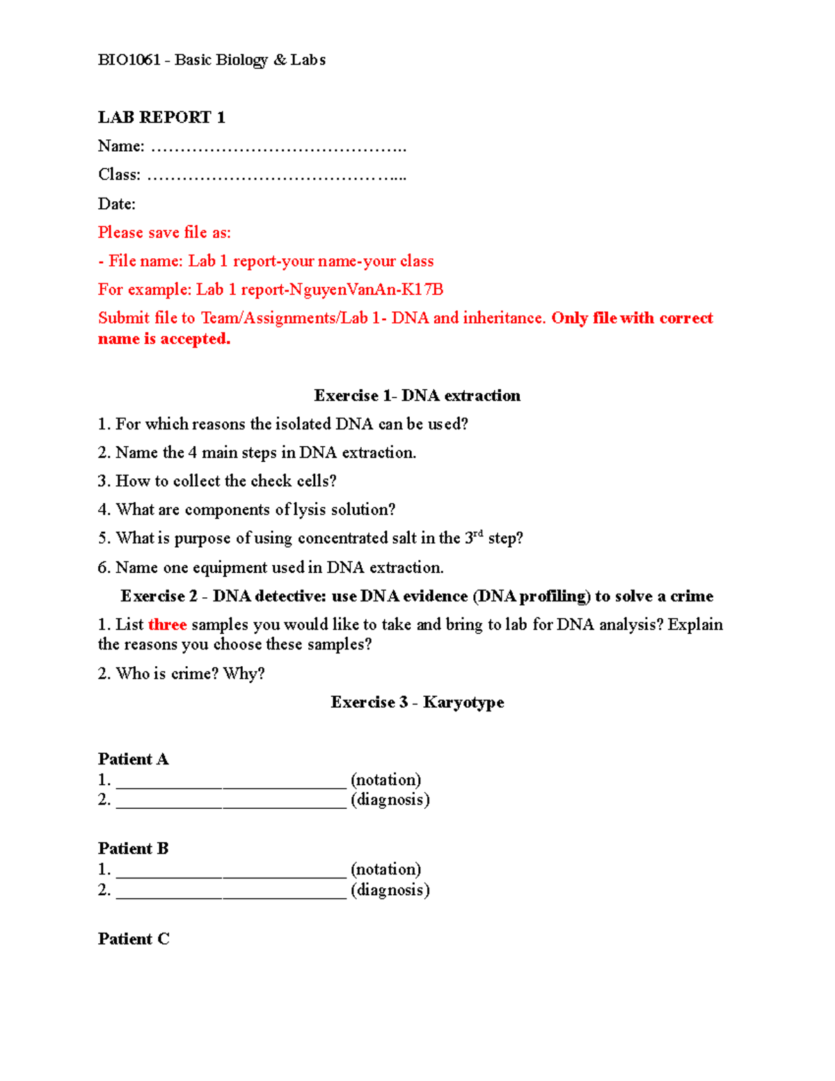 LAB 1 Report about DNA - Basic Biology - BIO1061 - Basic Biology & Labs ...