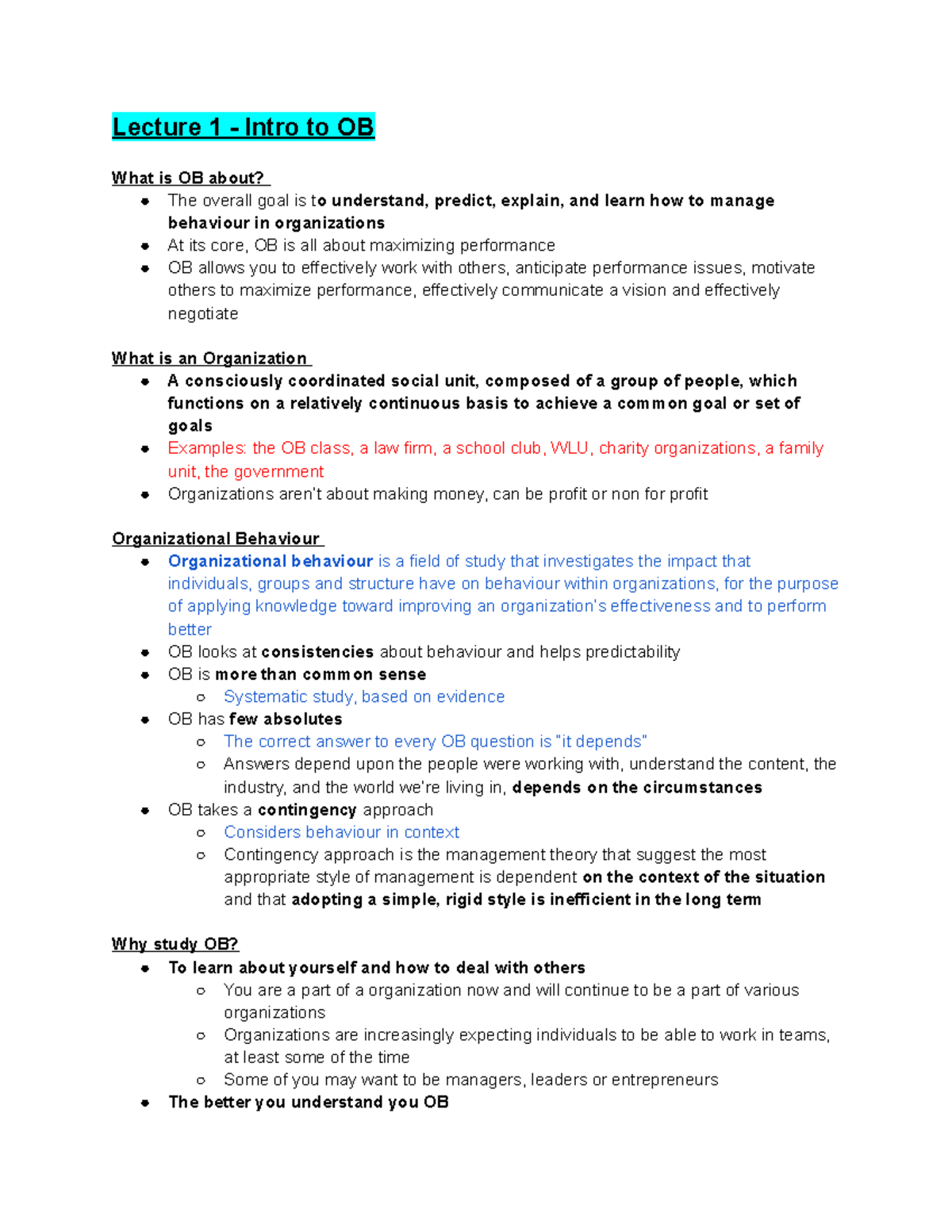 BU288 - OB Lectures Midterm #1 - Lecture 1 - Intro to OB What is OB ...