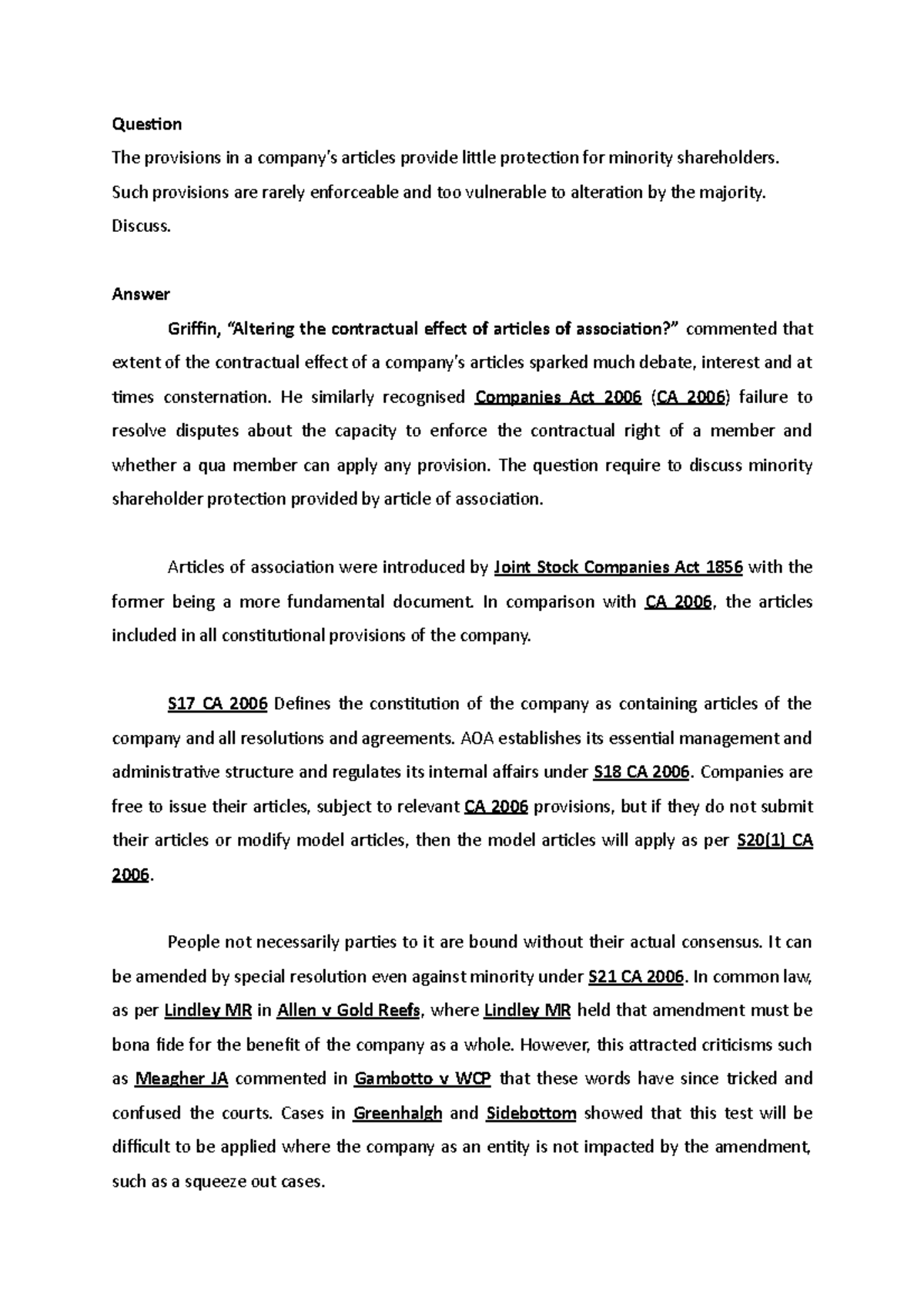 Article of Association - Question The provisions in a company’s ...