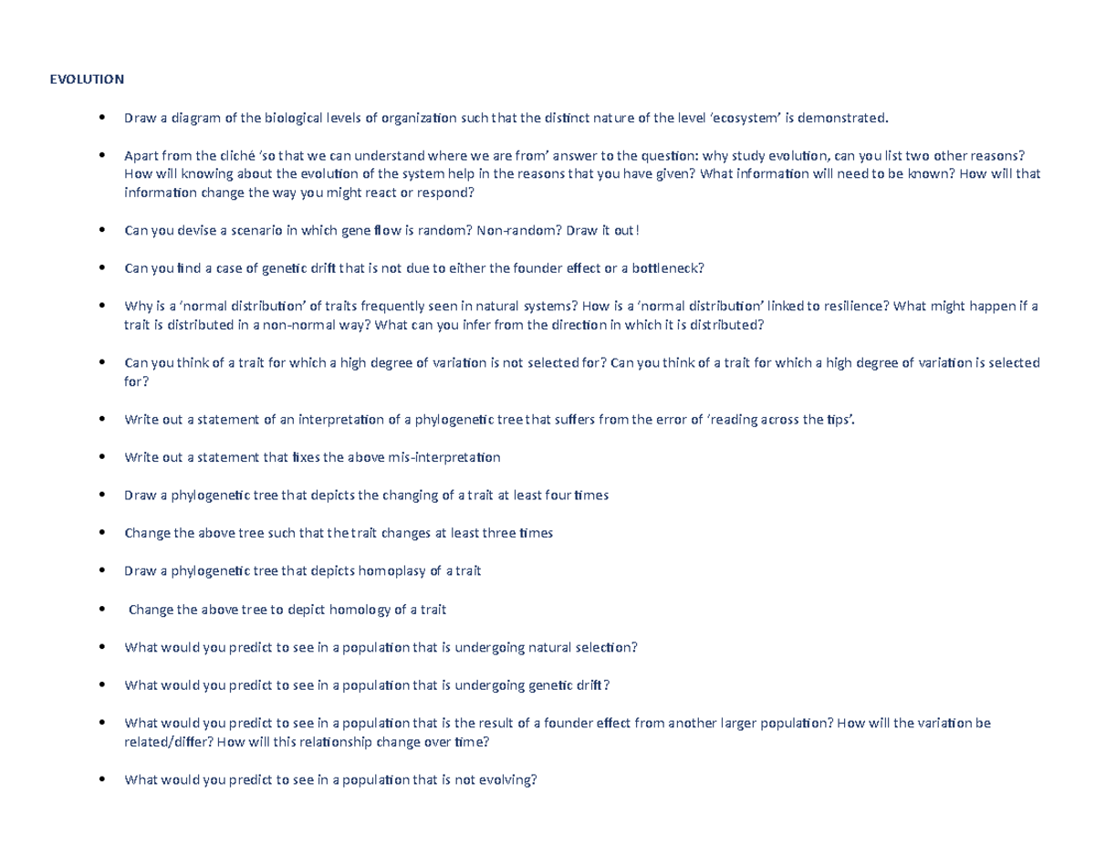 Evolution Questions (Midterm Prep) - EVOLUTION Draw a diagram of the ...