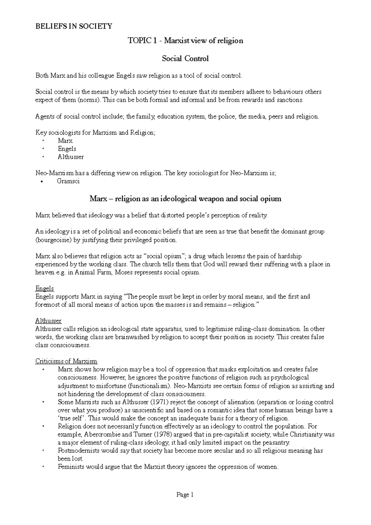 Beliefs in society - TOPIC 1 - Marxist view of religion Social Control ...
