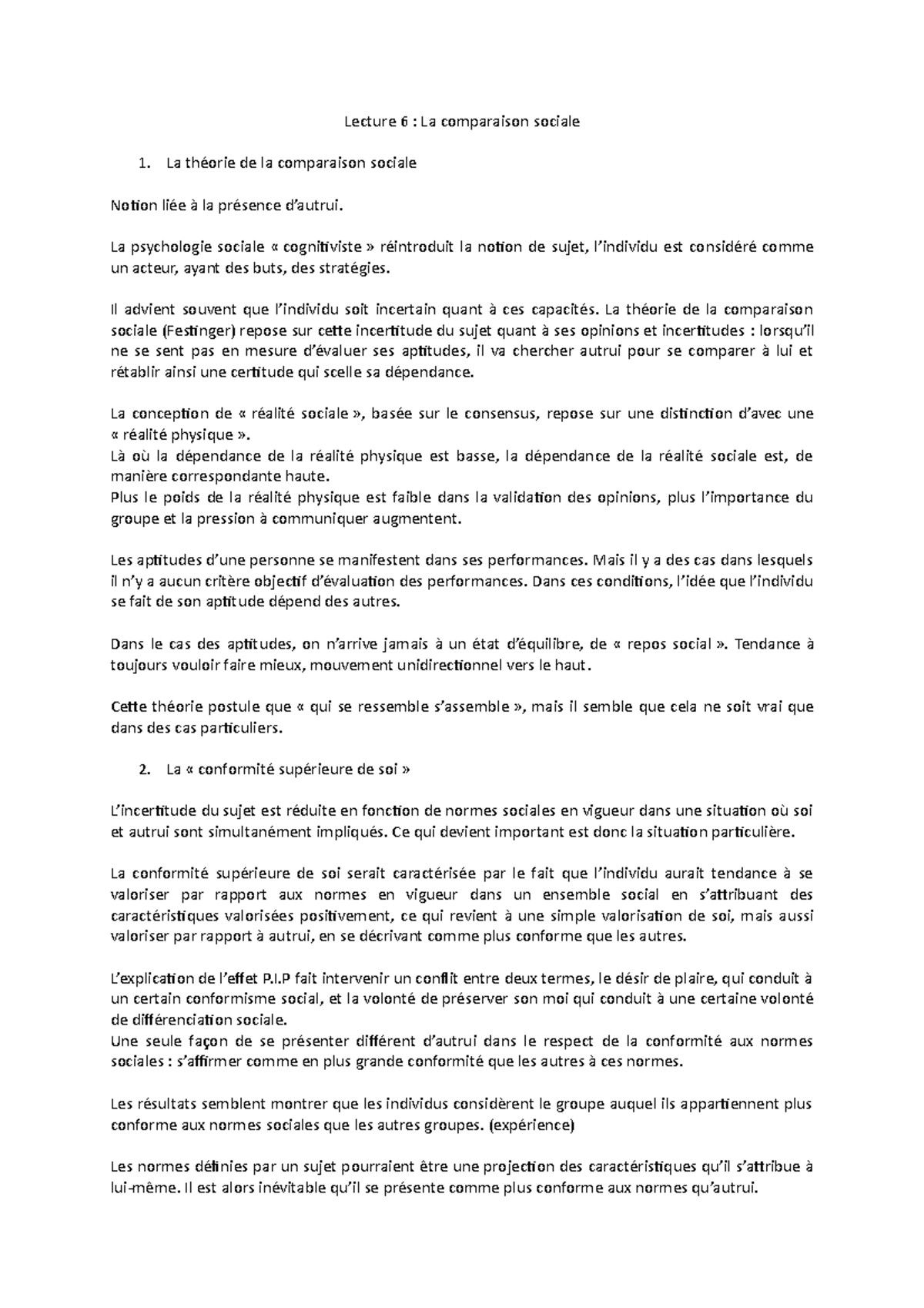 6. Comparaison sociale lecture - Lecture 6 : La comparaison sociale La ...