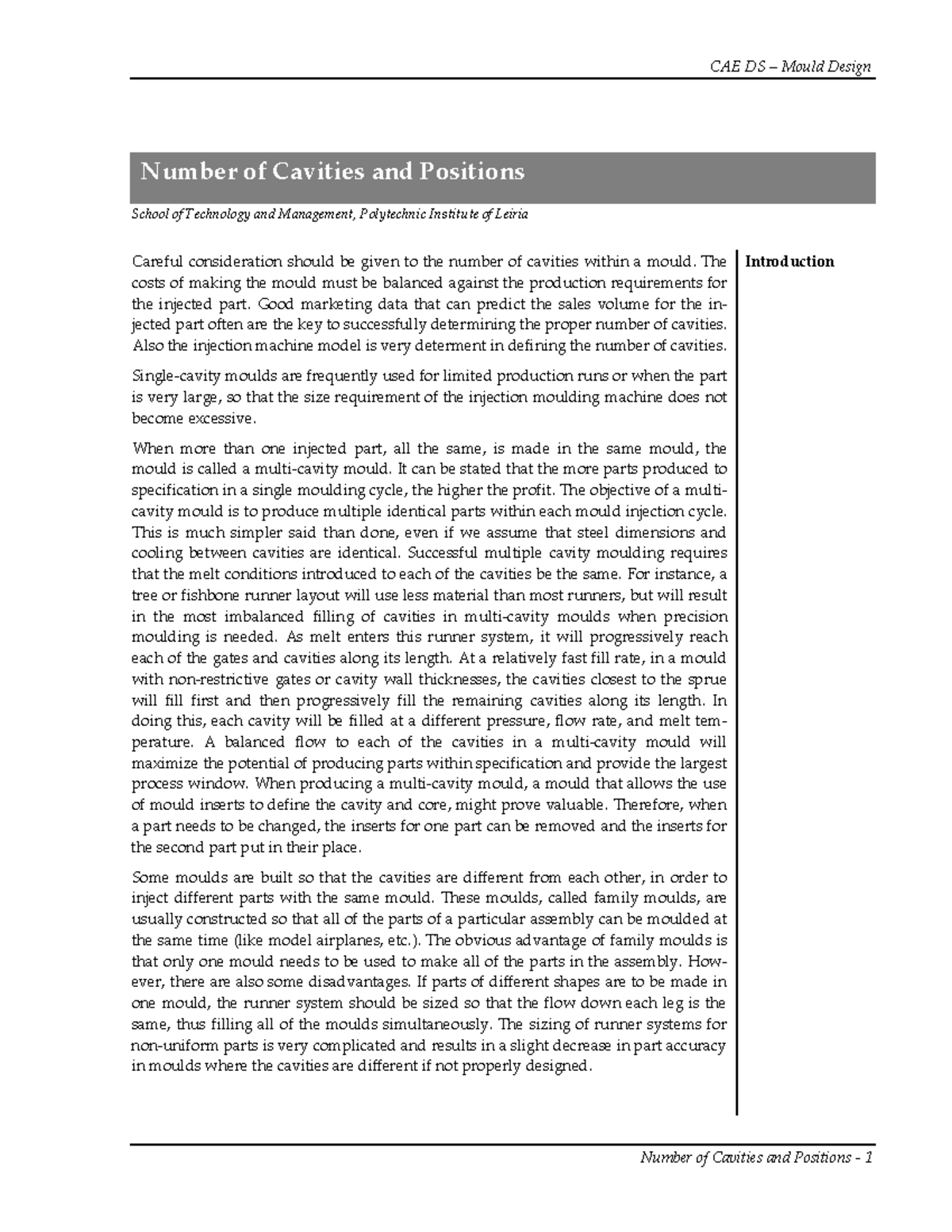 Mould number of cavities - Number of Cavities and Positions School of ...