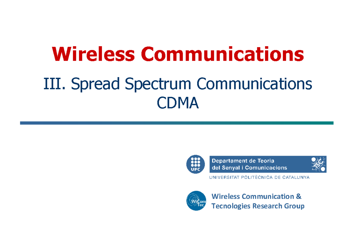 Tema3 Spread Spectrum Comms - Wireless Communications III. Spread ...
