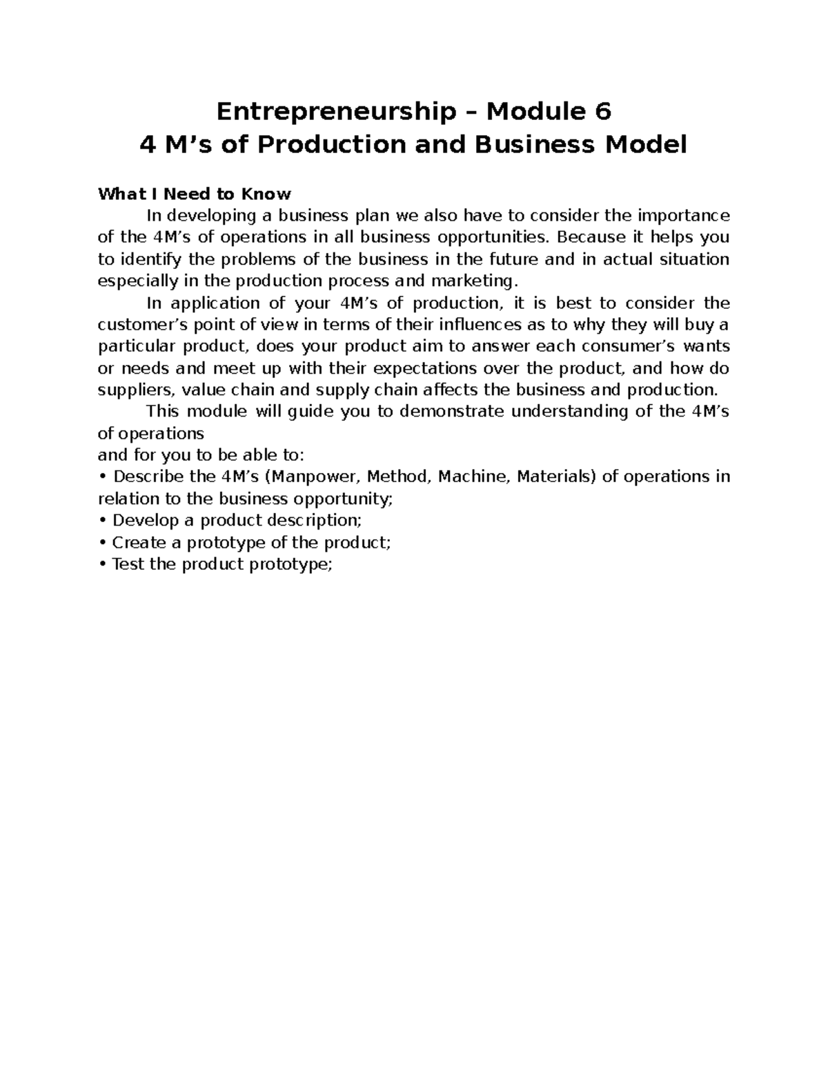 4Ms of Production Module 6 - Entrepreneurship – Module 6 4 M’s of ...
