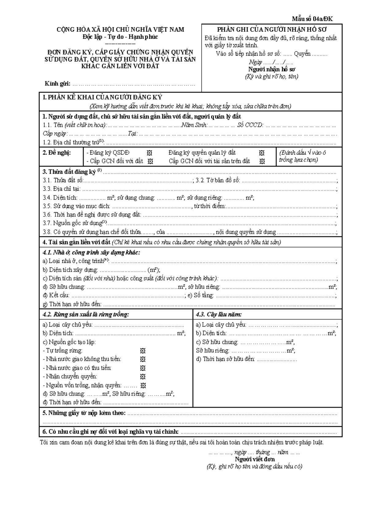 Mẫu 04a-DK Đăng ký lần đầu - Mẫu số 04a/ĐK CỘNG HÒA XÃ HỘI CHỦ NGHĨA ...