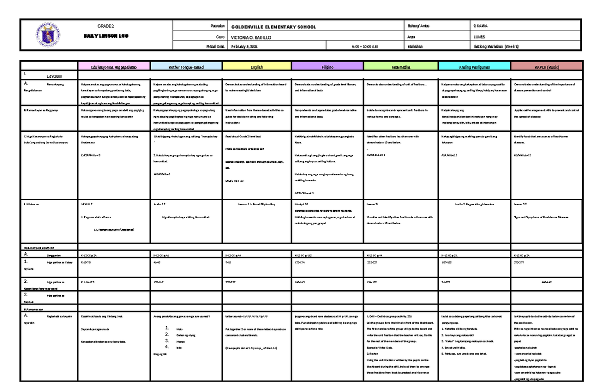 Daily Lesson Log for Grade 2 for the school year 2023 - 2024. This will ...