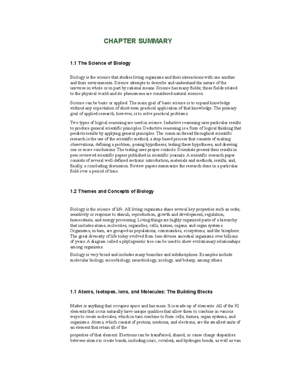 Chapter Summary 1-7 bio - CHAPTER SUMMARY 1 The Science of Biology ...