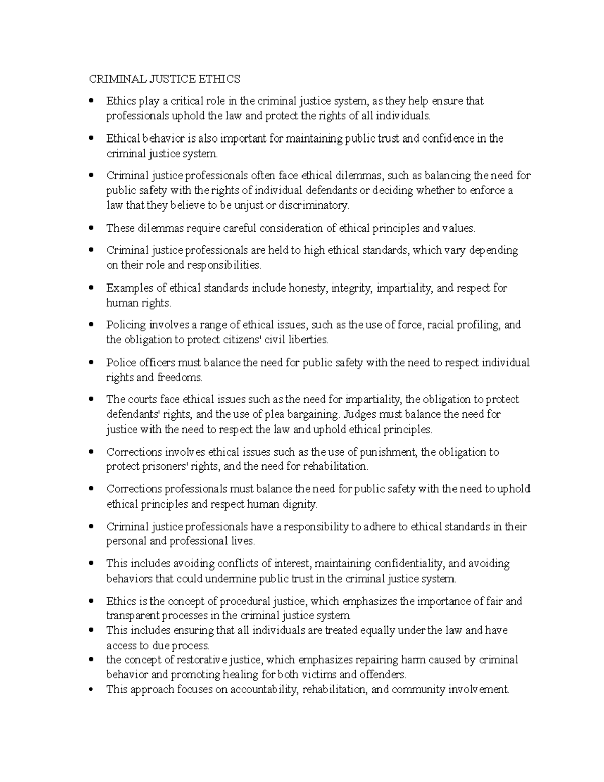 Criminal Justice Ethics Notes 1 - CRIMINAL JUSTICE ETHICS Ethics play a ...
