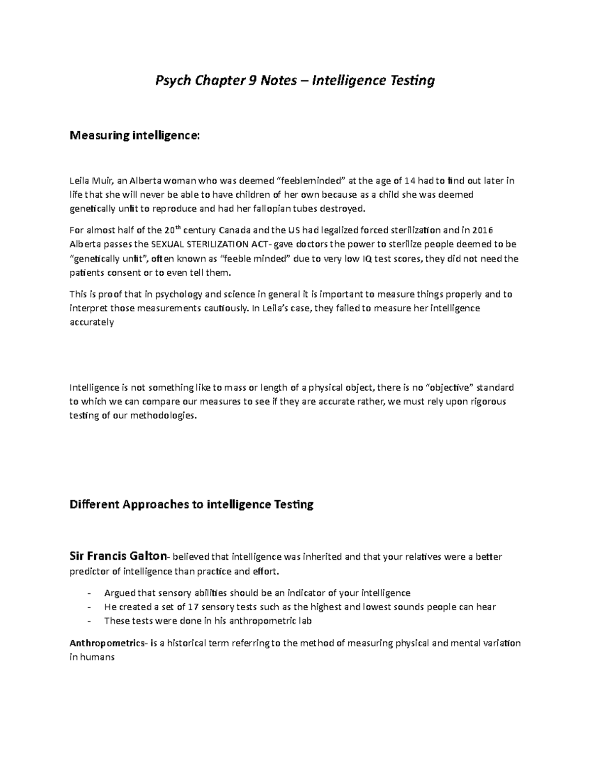 Psych Notes Chapter 9 - Psych Chapter 9 Notes – Intelligence Testing ...