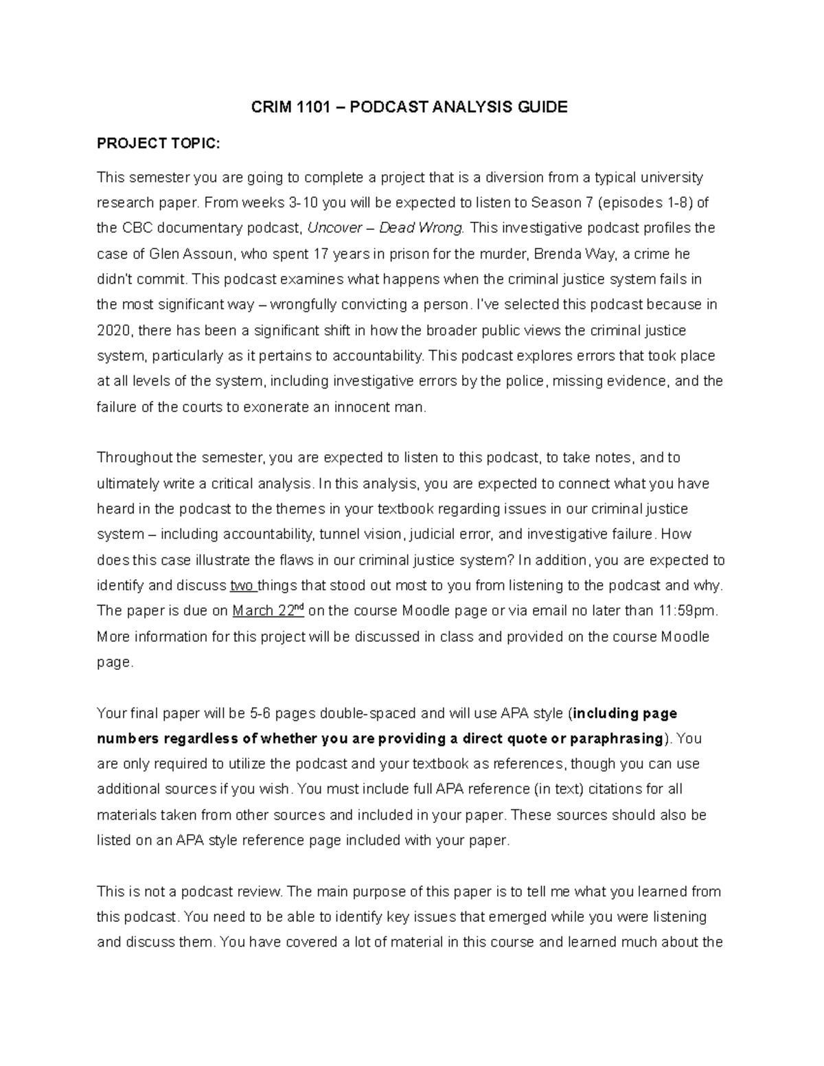 CRIM 1101 – Podcast Analysis Guide - CRIM 1101 – PODCAST ANALYSIS GUIDE ...