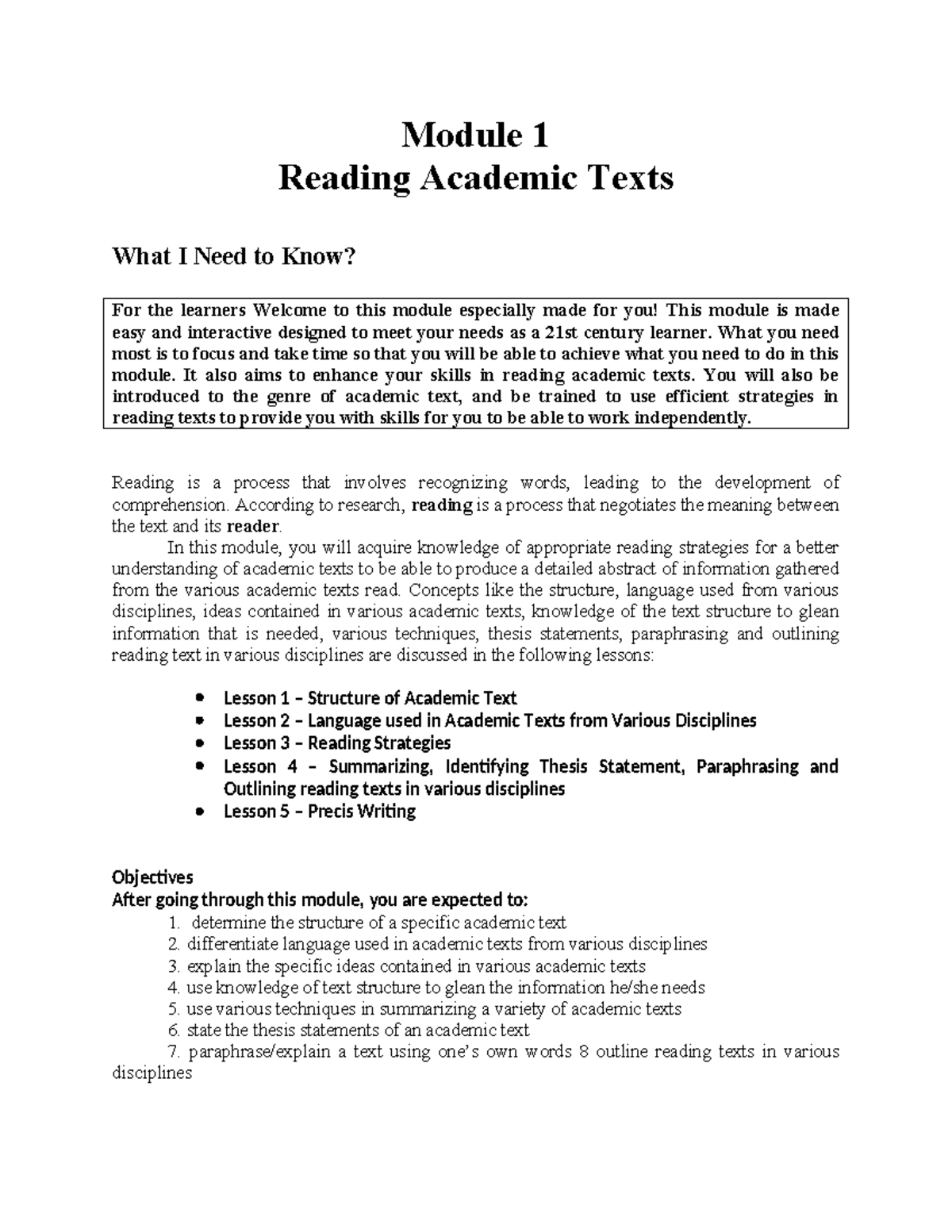 Topic Reading AND Writing - Module 1 Reading Academic Texts What I Need ...