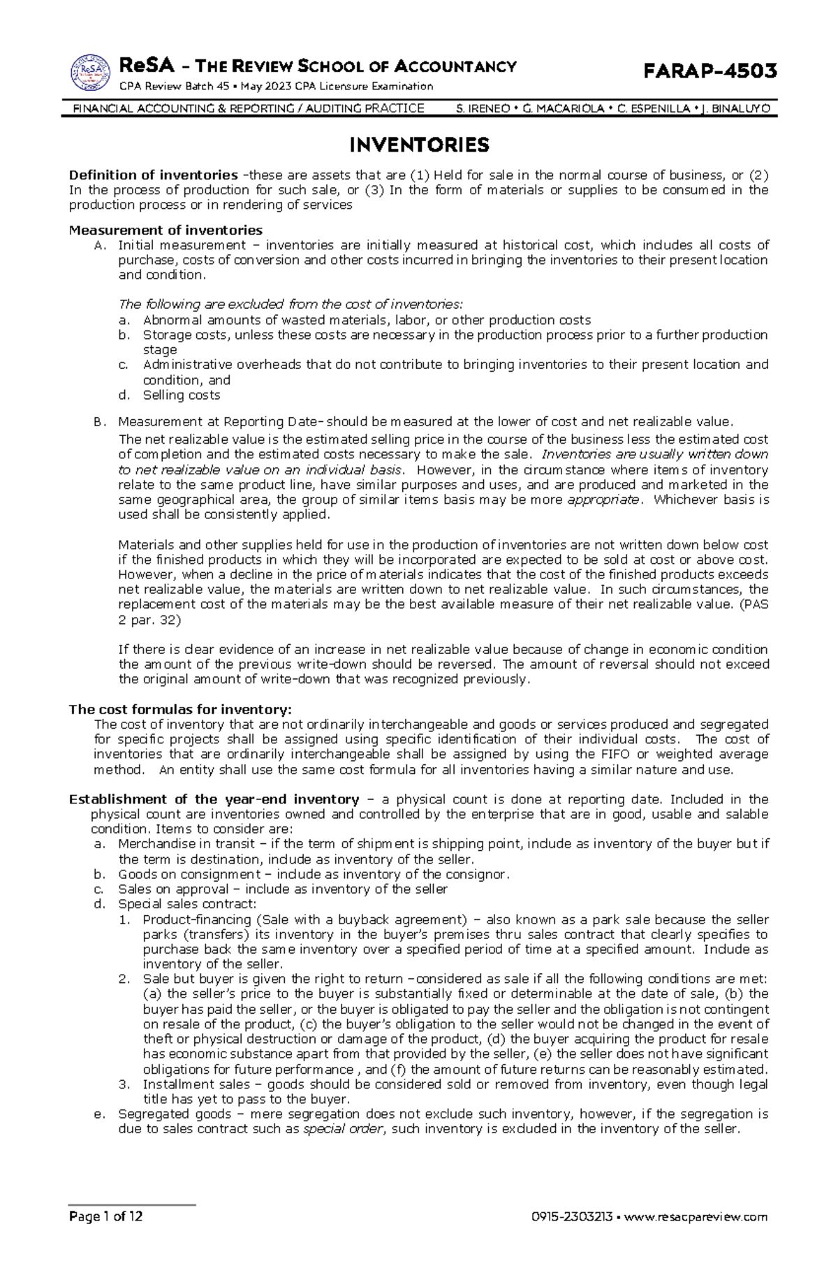 Invetories-resa-studo - ReSA - THE REVIEW SCHOOL OF ACCOUNTANCY CPA ...