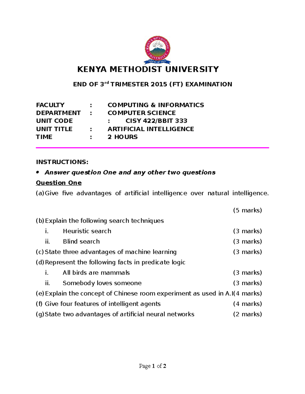 Artificial Intelligence (CISY 422-B BIT 333) 3rd trimester 2015 - KENYA ...