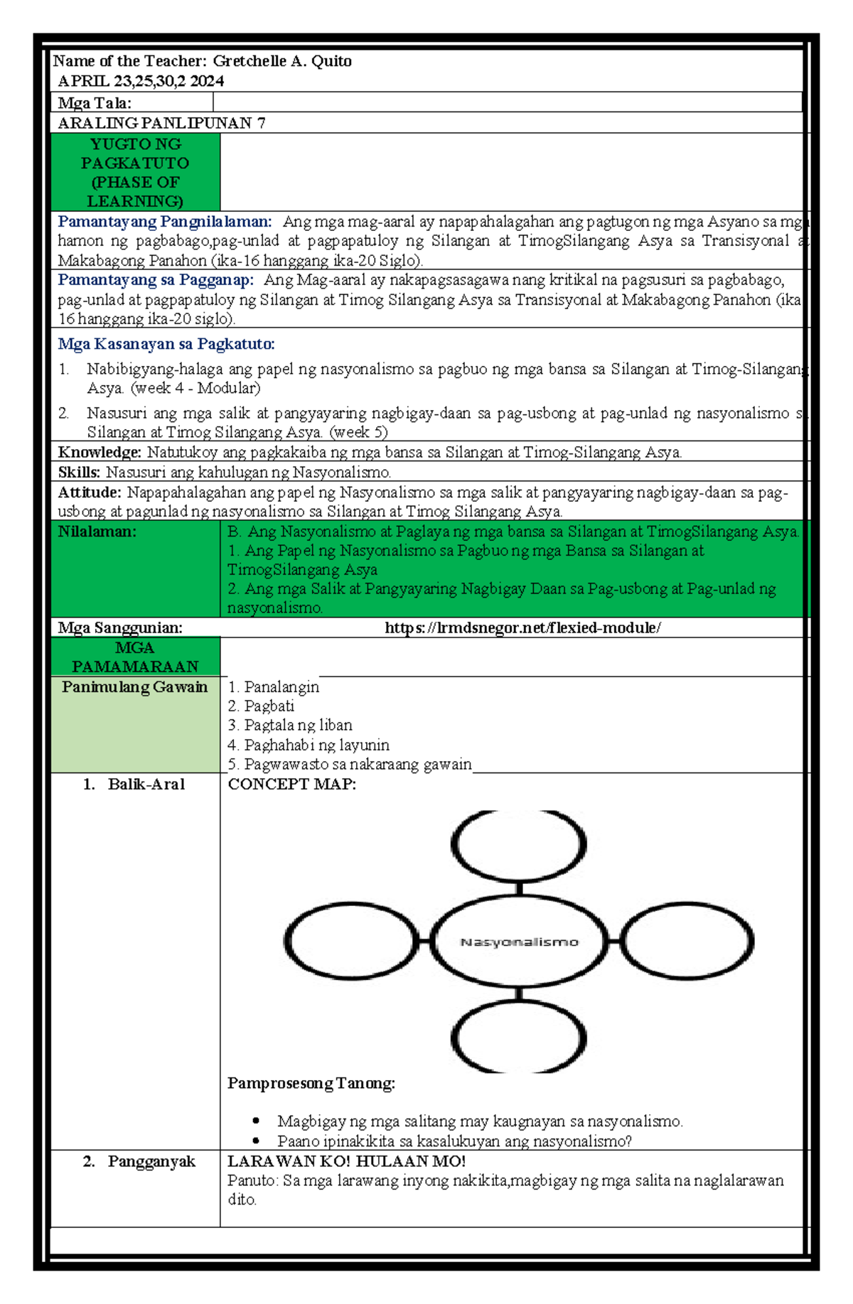 AP 7 Q4 WEEK 4-5 - Name of the Teacher: Gretchelle A. Quito APRIL 23,25 ...