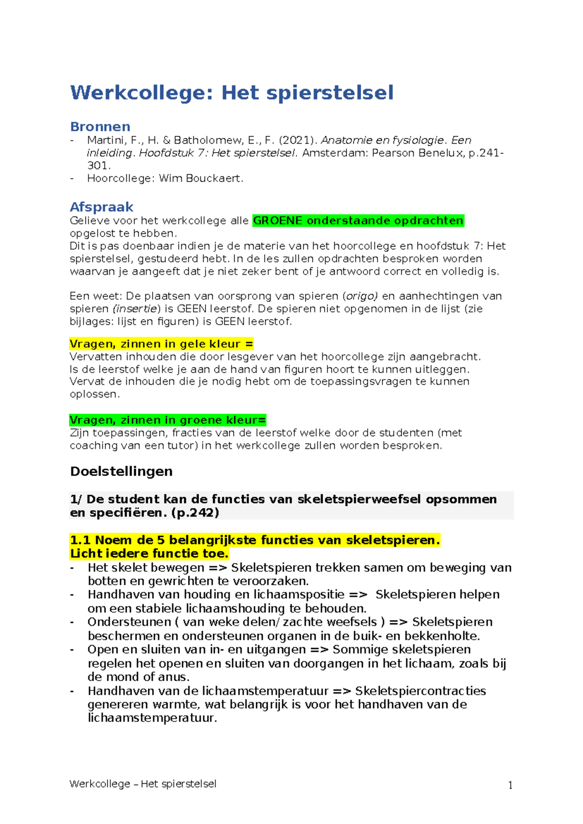 2425 Werkcollege Het spierstelsel studenten versie 1 - Werkcollege: Het ...