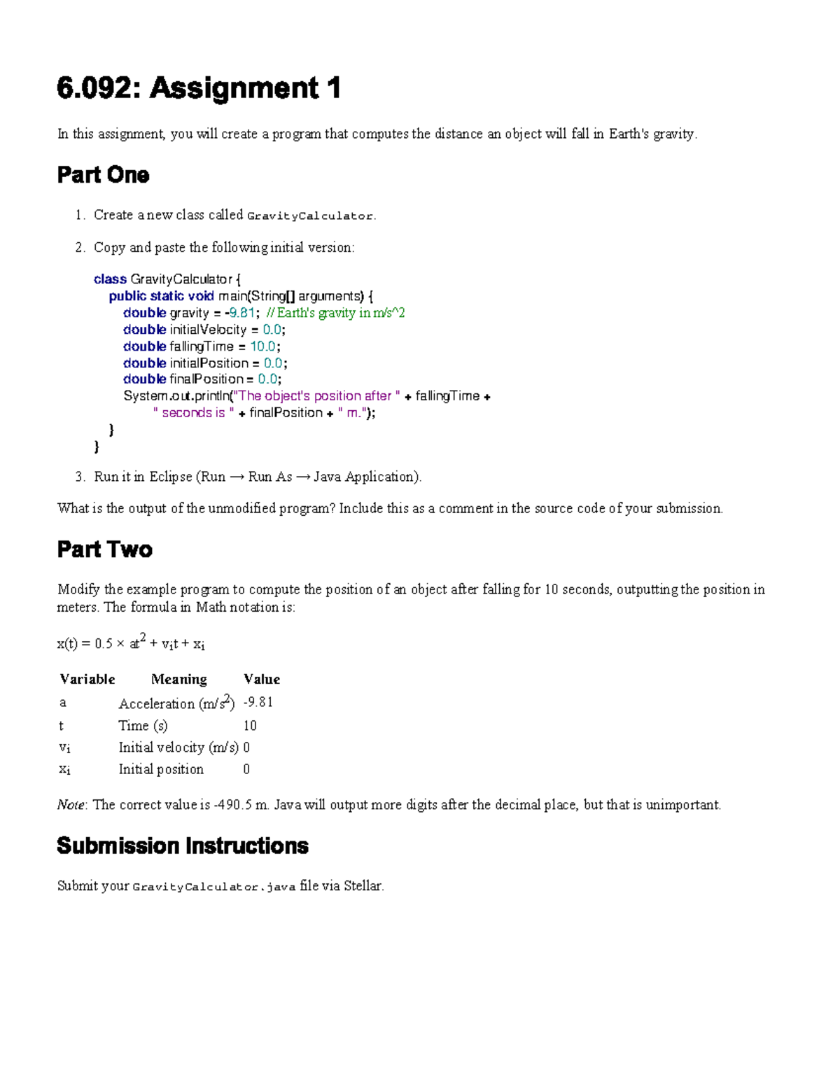 Problem Set To Create A Java Program That Computes The Distance An Object Will Fall In Earth S