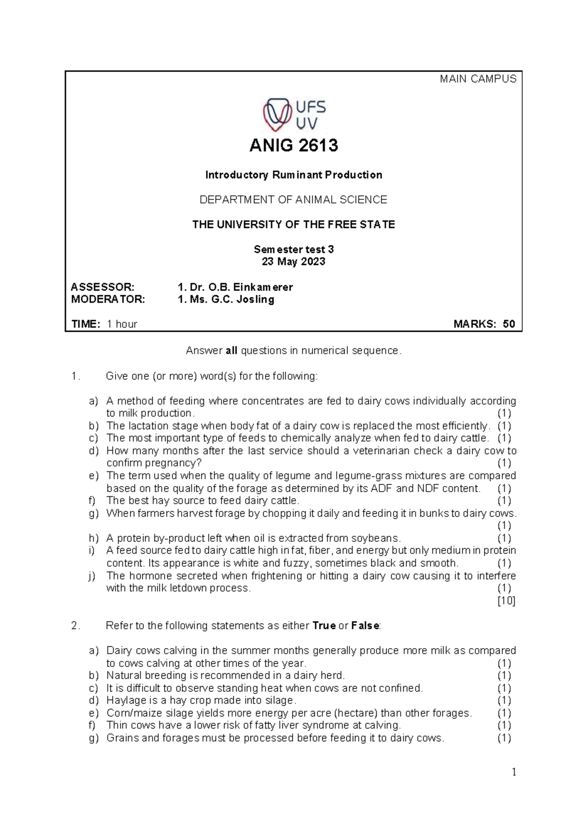 Anig2613 semester test 3 2023 - MAIN CAMPUS ANIG 2613 Introductory ...