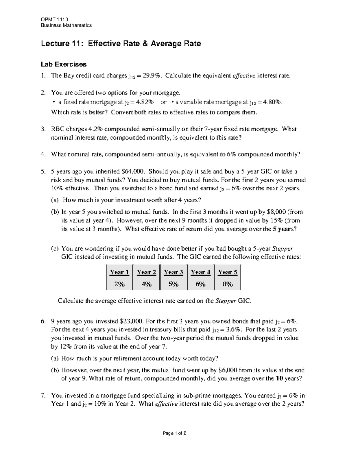 Lecture 11 Lab Exercise Questions - OPMT 1110 - BCIT - Studocu
