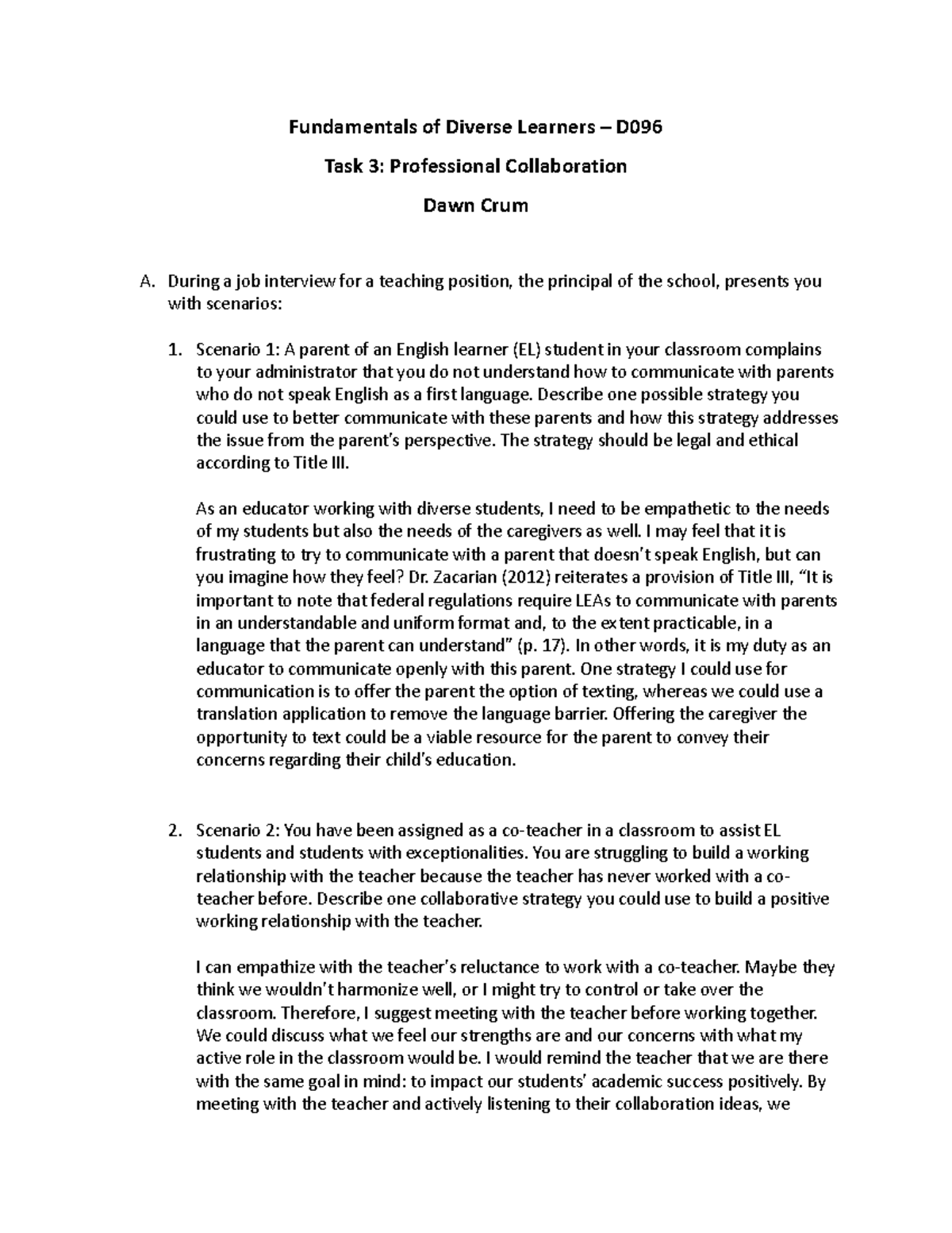 D096 Task 3 Professional Collaboration - Fundamentals of Diverse Learners – D Task 3 ...