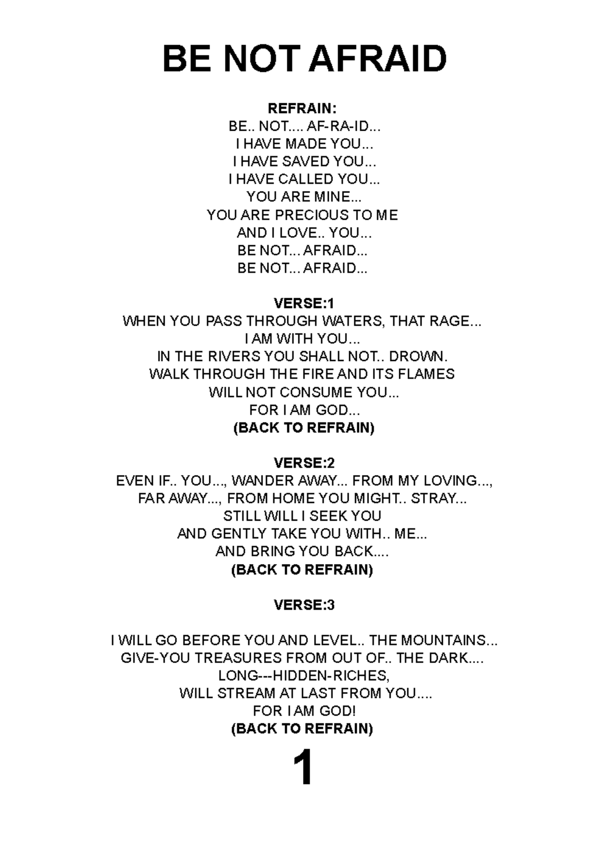 1. BE NOT Afraid Lyrics Yellow BOOK - BE NOT AFRAID REFRAIN: BE.. NOT ...